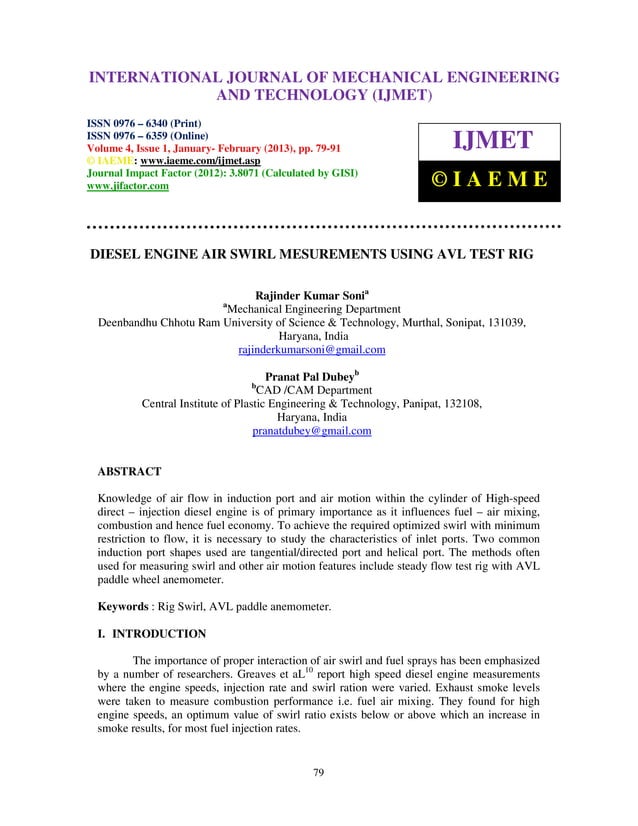 Diesel engine air swirl mesurements using avl test rig | PDF
