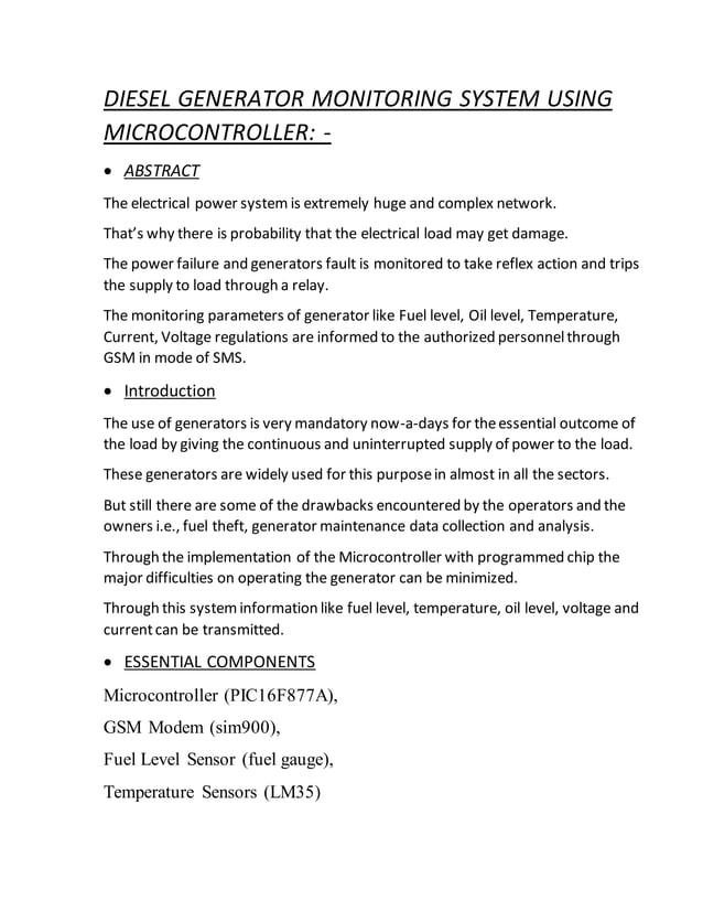 Diesel generator monitoring system using microcontroller | PDF