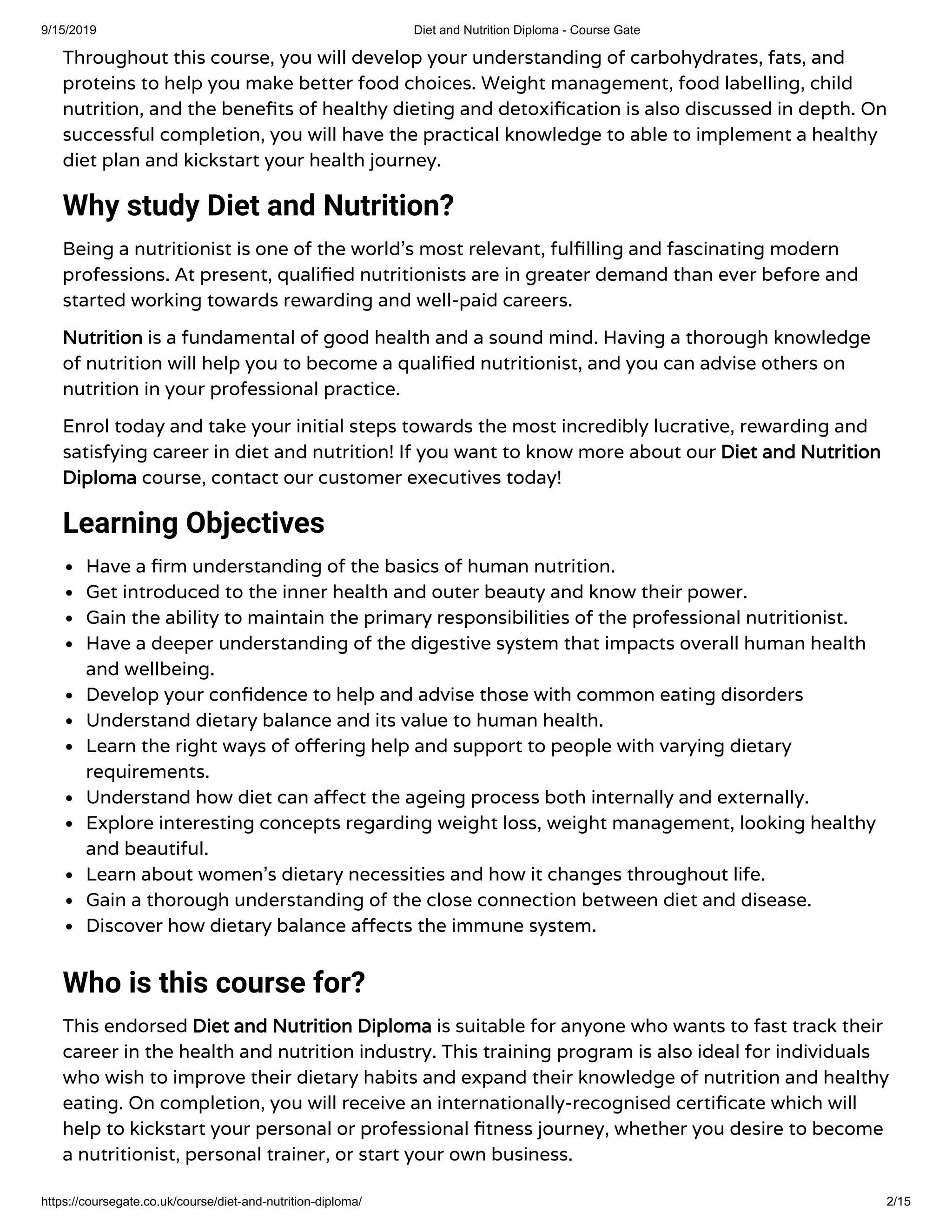 Diet and Nutrition Diploma - Course Gate | PDF