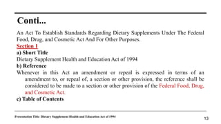 Dietary Supplement Health and Education Act | PPTX