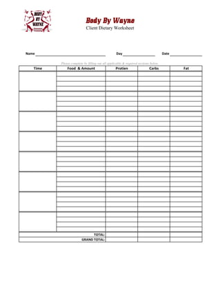 Body By Wayne Fitness Plan Dietary Worksheet | PDF