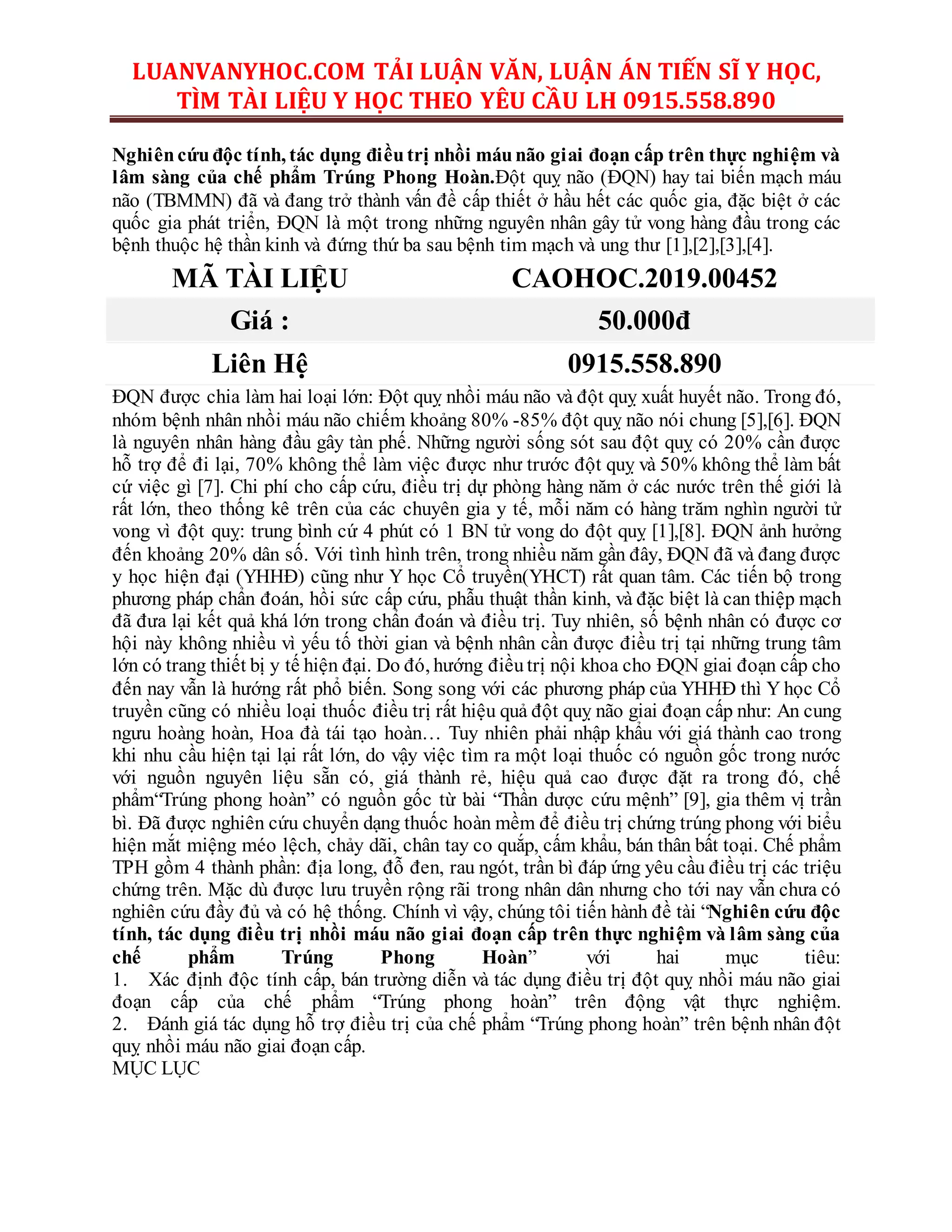 Dieu tri nhoi mau nao giai doan cap tren thuc nghiem va lam sang cua che pham trung phong hoan ...