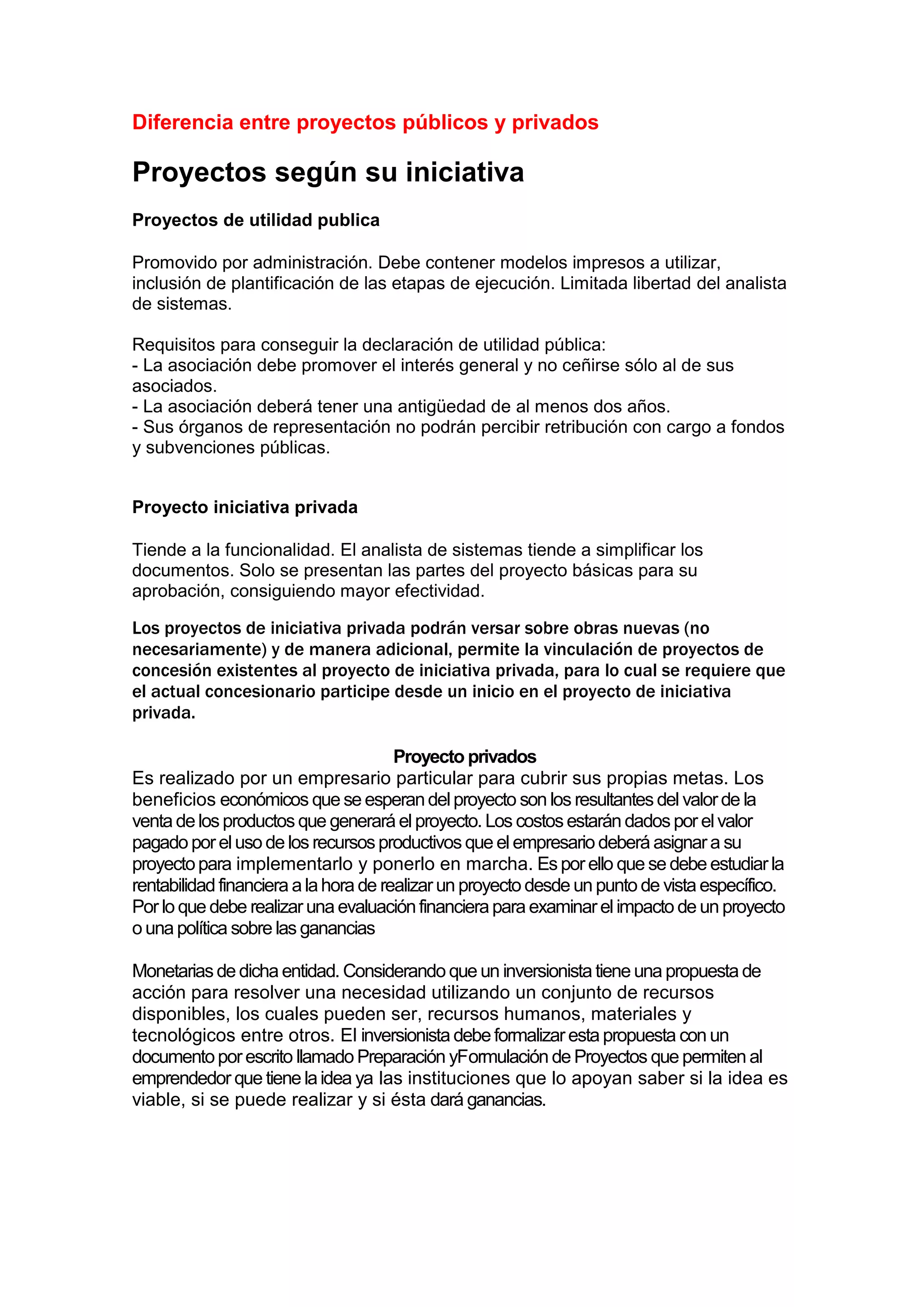 Diferencia entre proyectos publicos y privados | DOCX