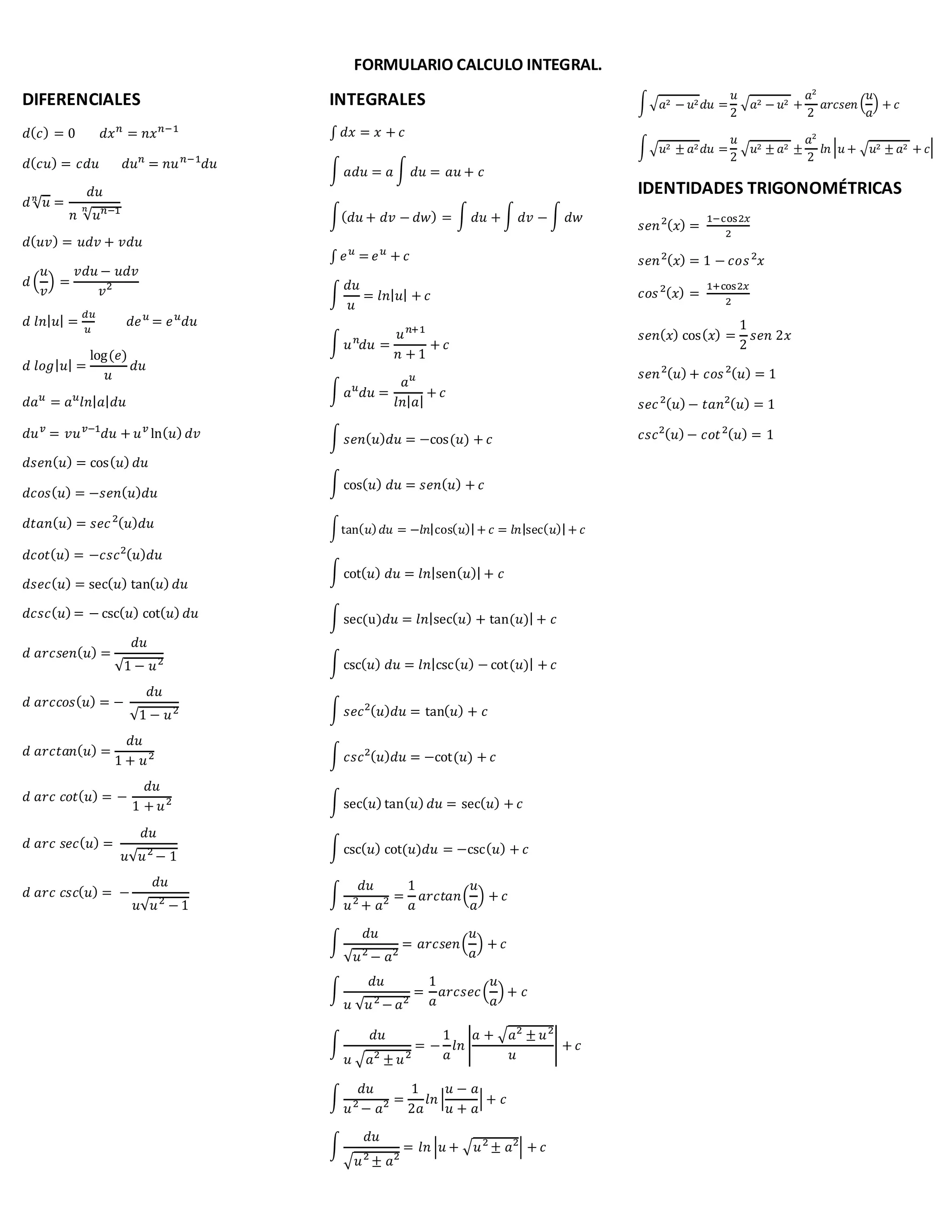 FORMULARIO CALCULO INTEGRAL | DOCX