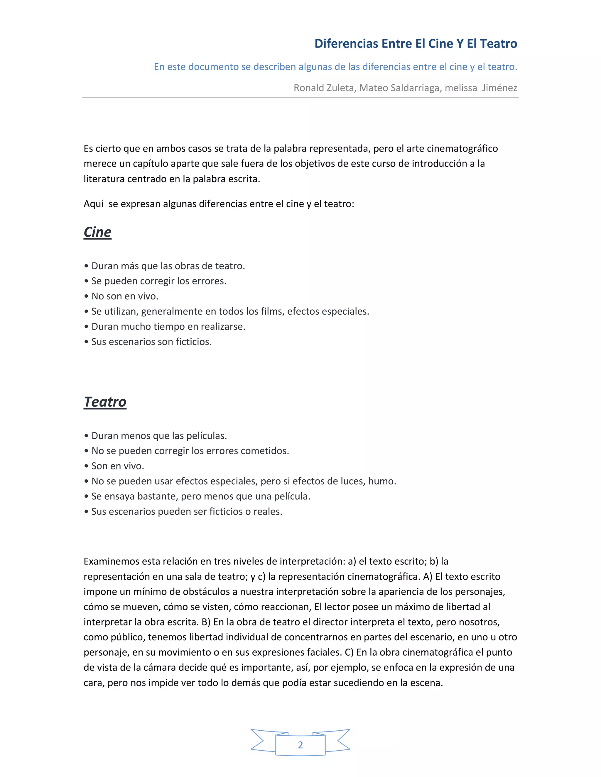 Diferencias entre el cine y el teatro | DOCX