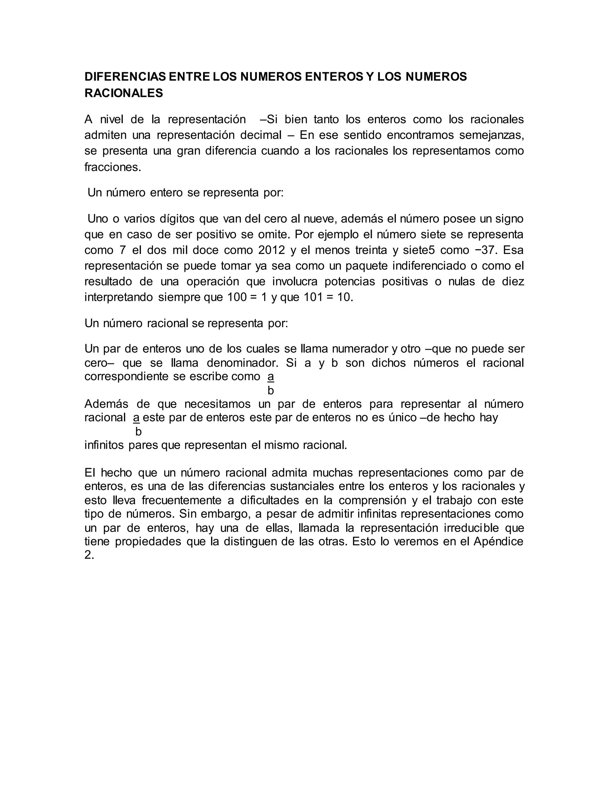 Diferencias entre los numeros enteros y los numeros racionales | DOCX