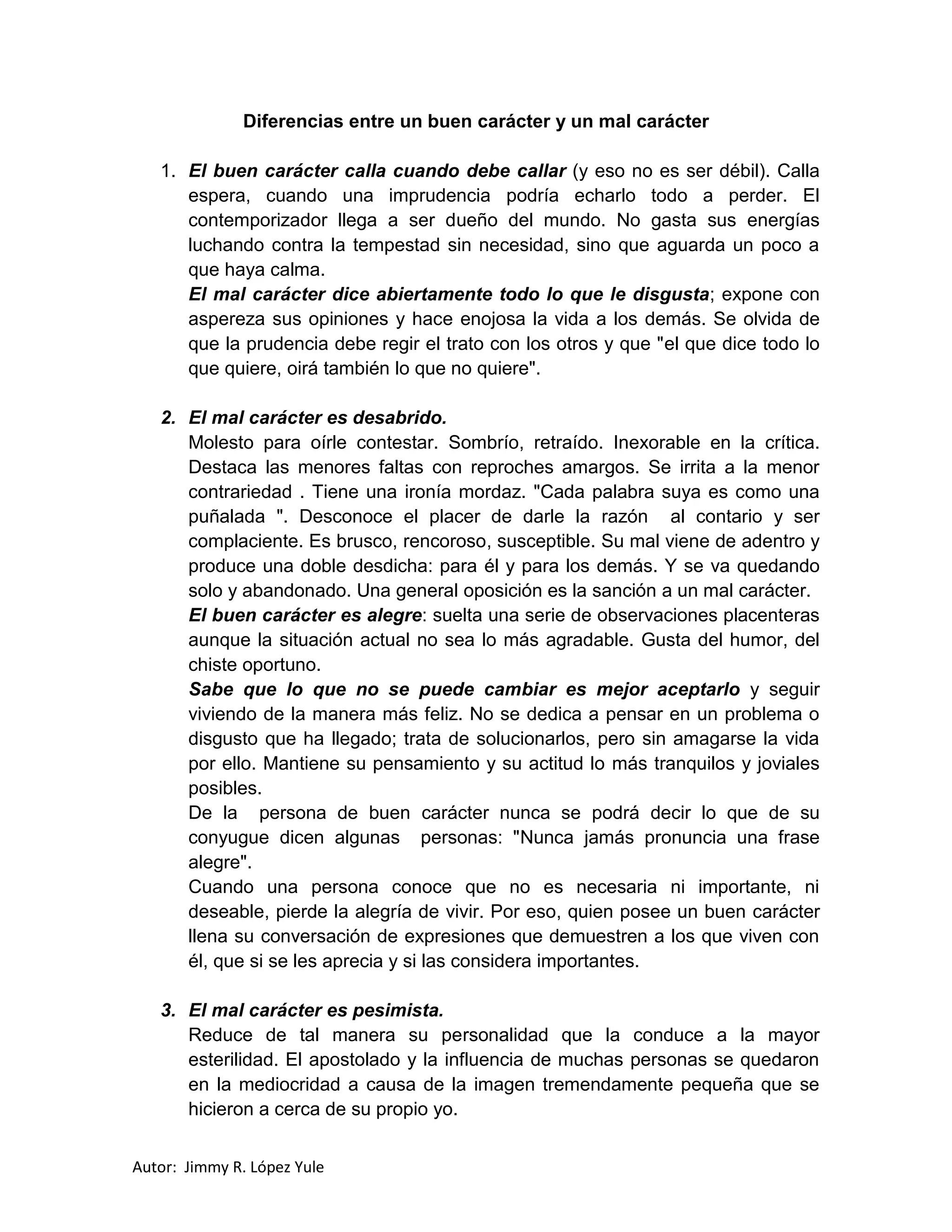 Diferencias entre un buen caracter y un mal caracter | PDF
