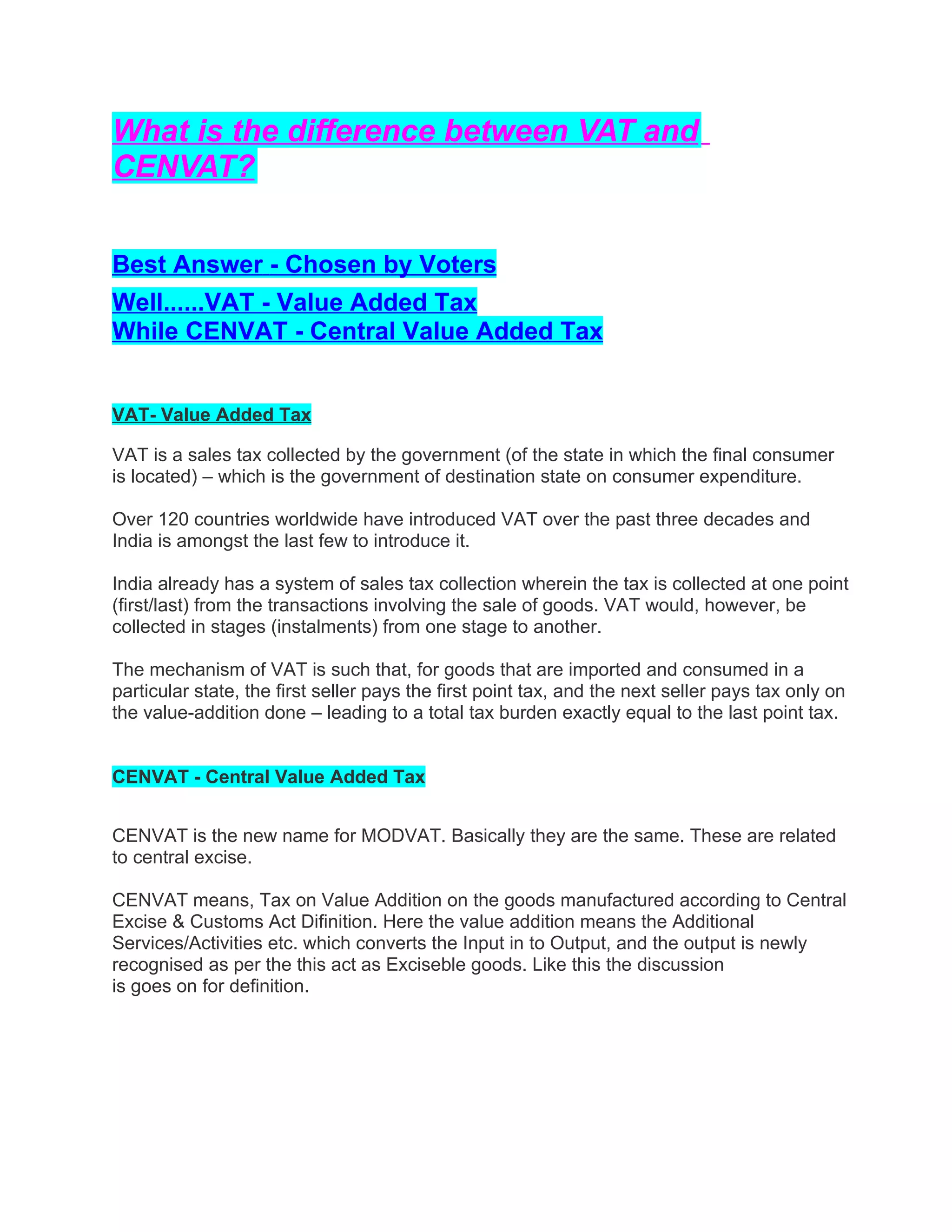 Diff cenvat & vat | PDF