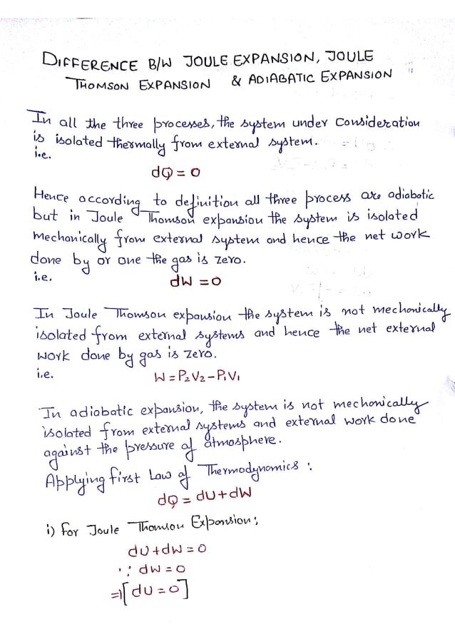 Difference between Joule Expansion, Joule Thomson Expansion & Adiabatic ...