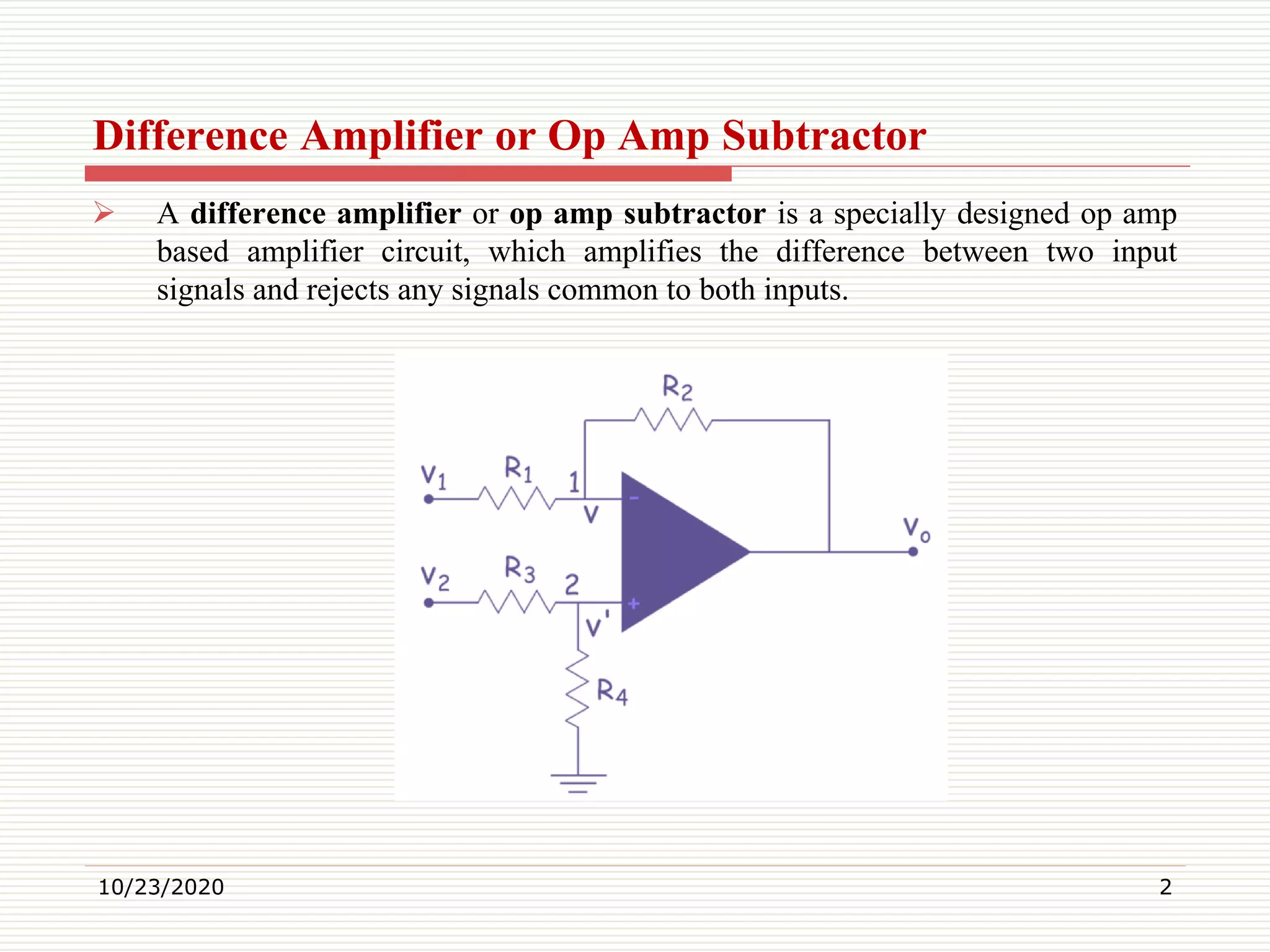 Difference Amplifier or OP Amp Subtractor | PDF
