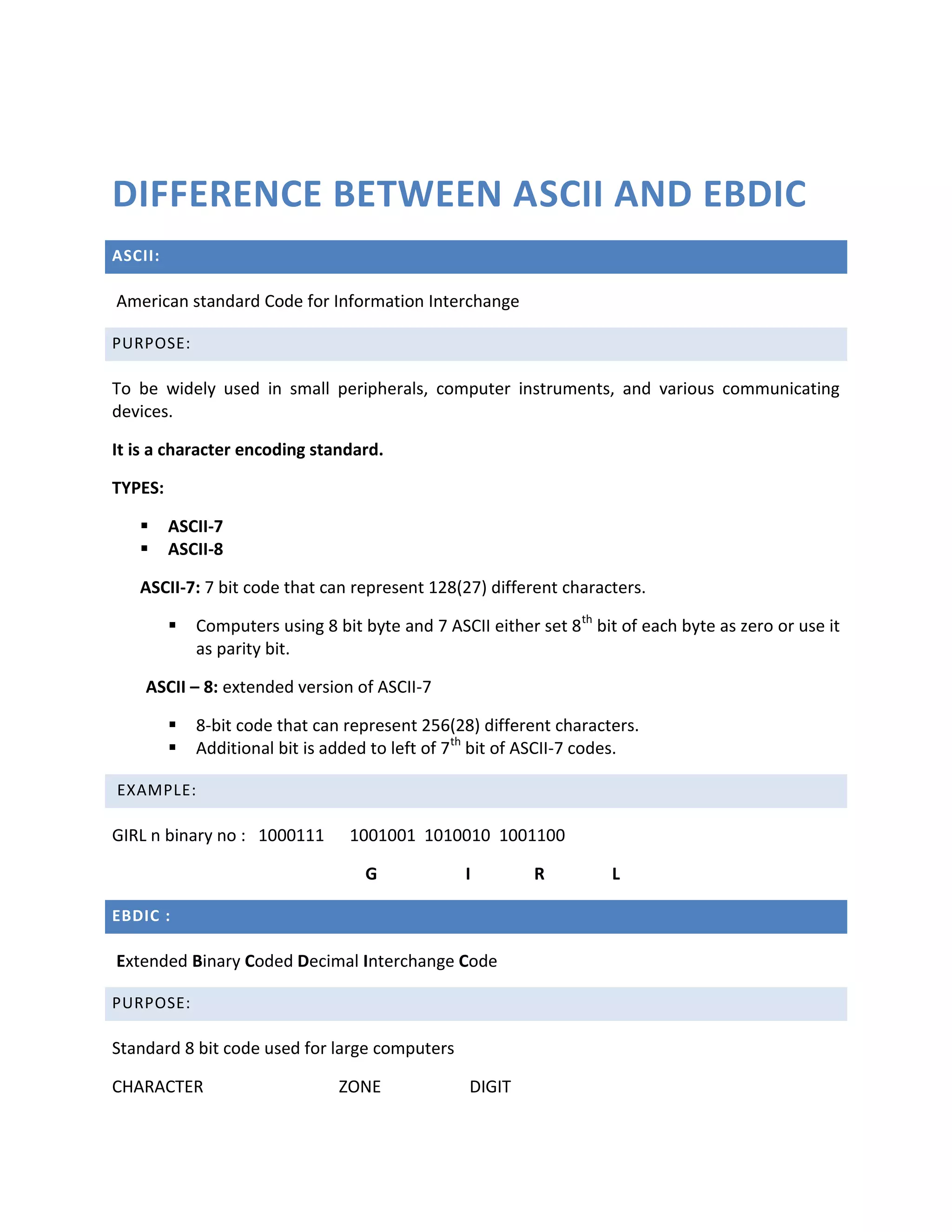 Difference between ascii and ebdic | DOCX