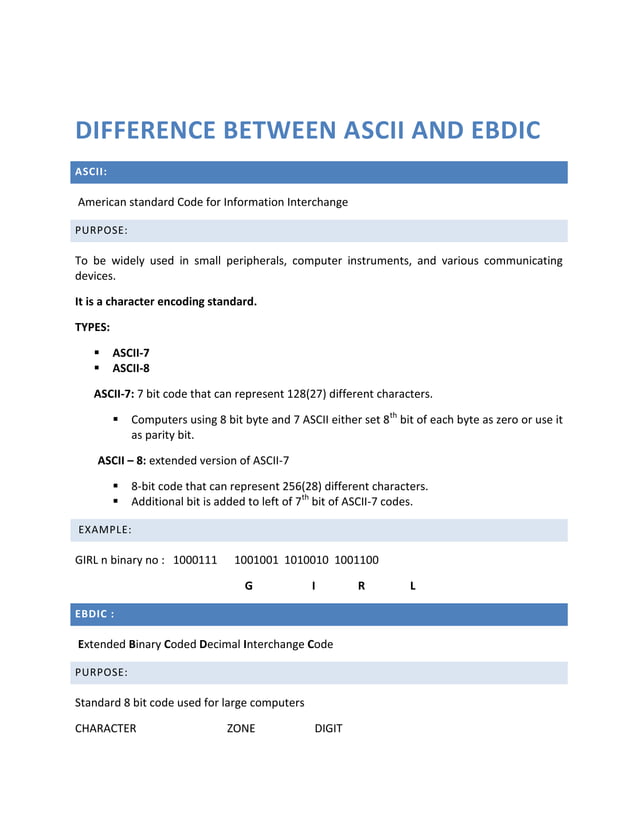 Difference between ascii and ebdic | PDF