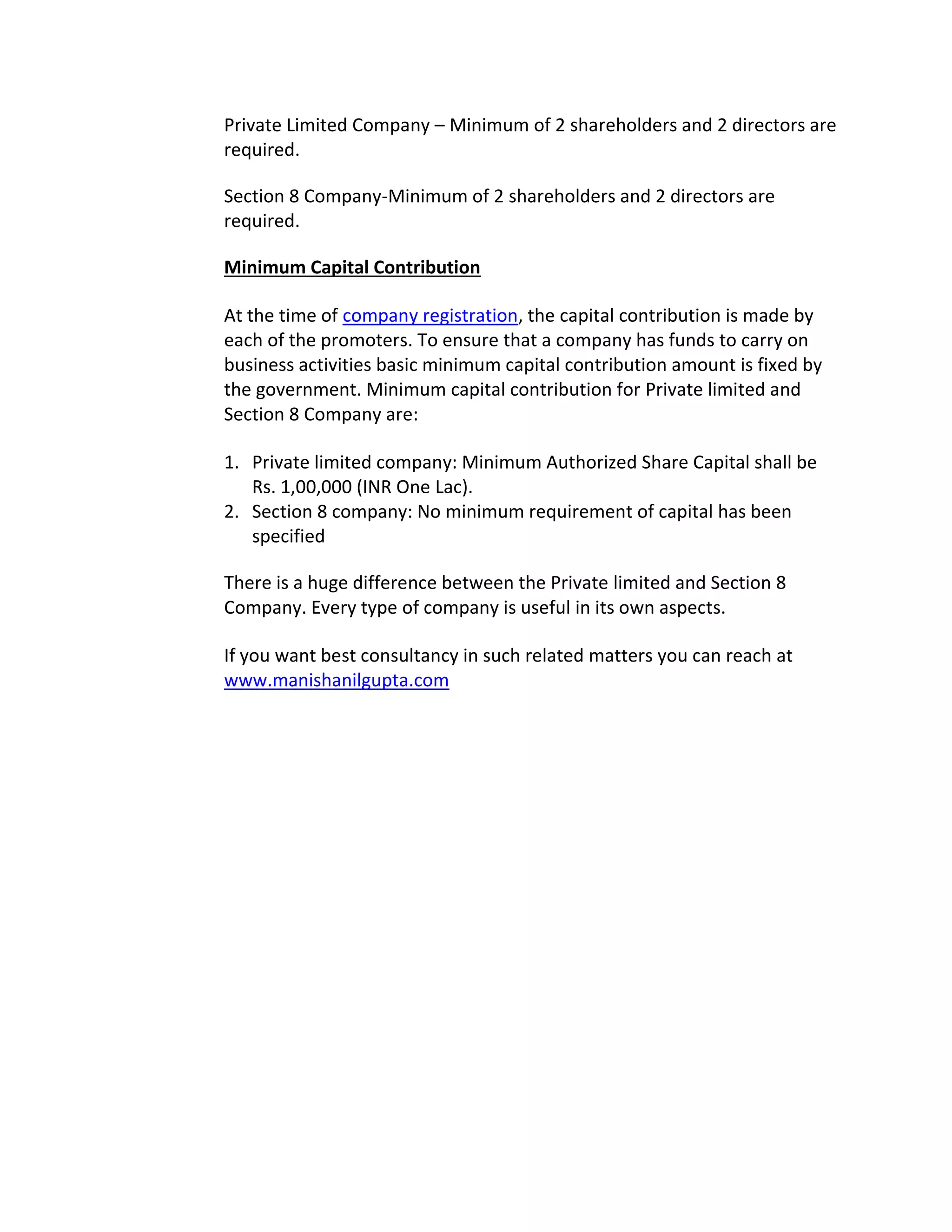 Difference between a Section 8 Company and a Private Limited Company? | PDF