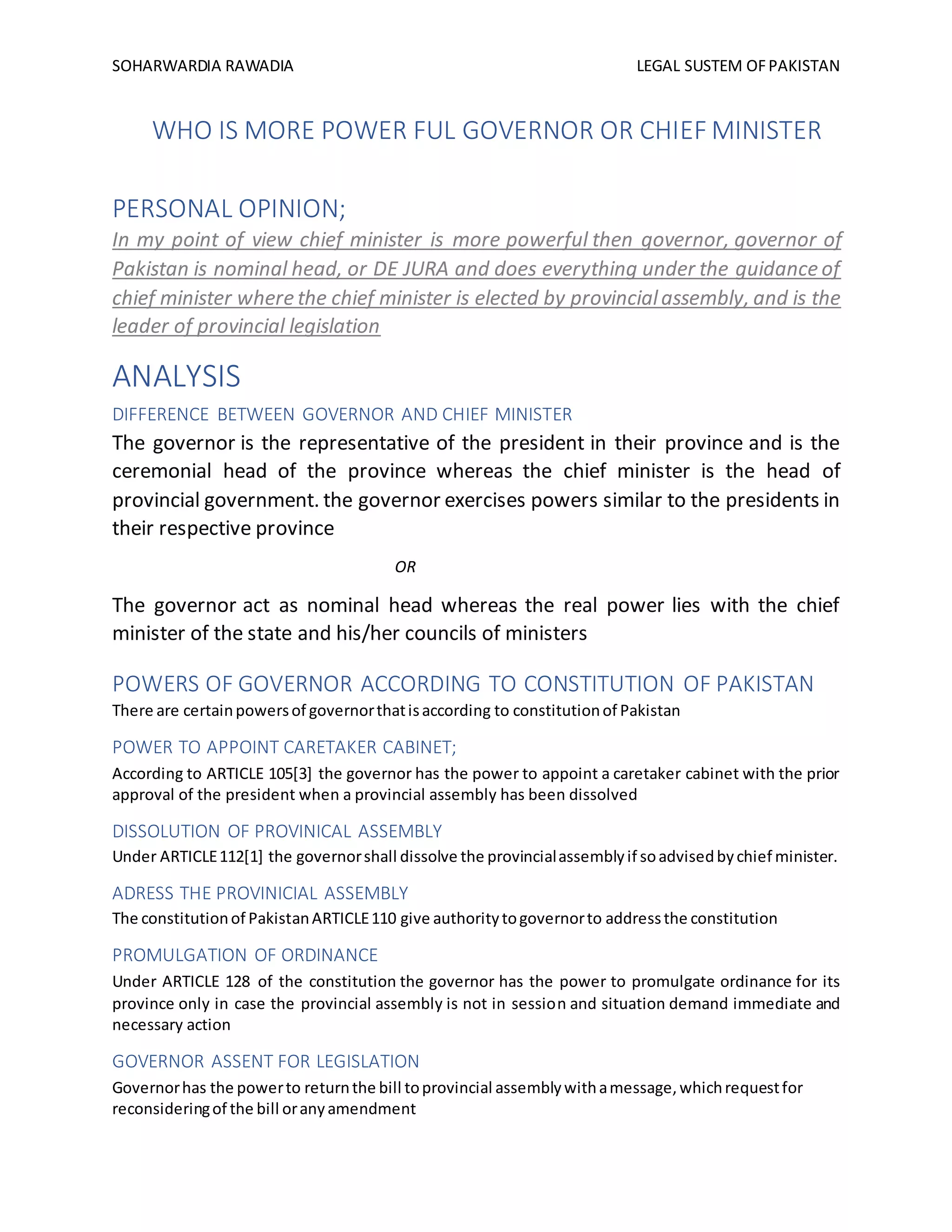 Difference between governor and chief minister | DOCX