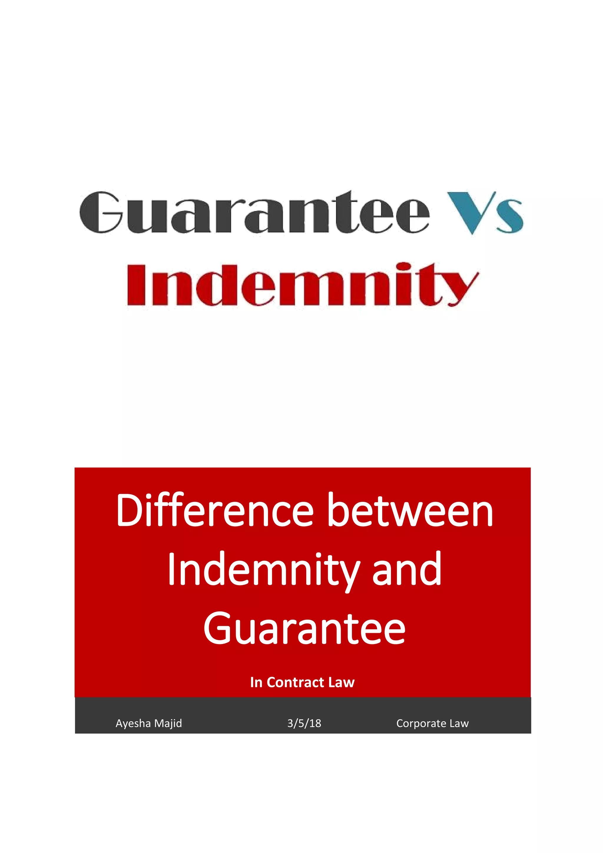 Difference between Indemnity and Guarantee In Contract Law | PDF