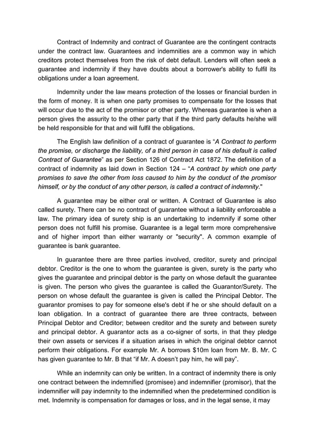Difference between Indemnity and Guarantee In Contract Law | PDF