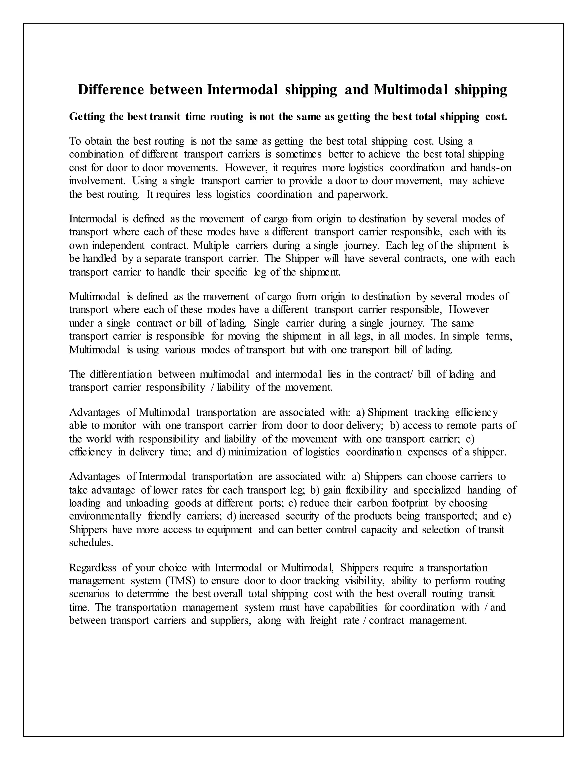 Difference between intermodal shipping and multimodal shipping | DOCX