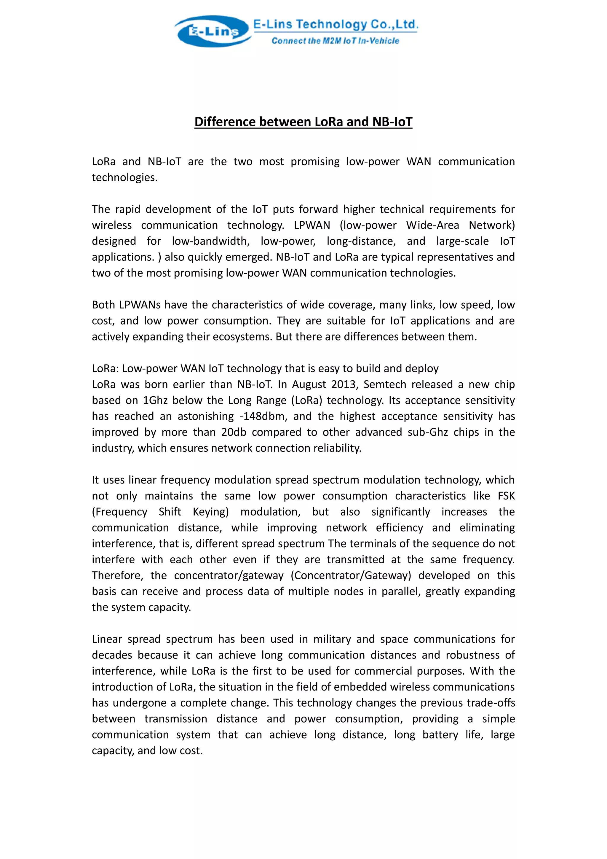 Difference between LoRa and NB-IoT | PDF