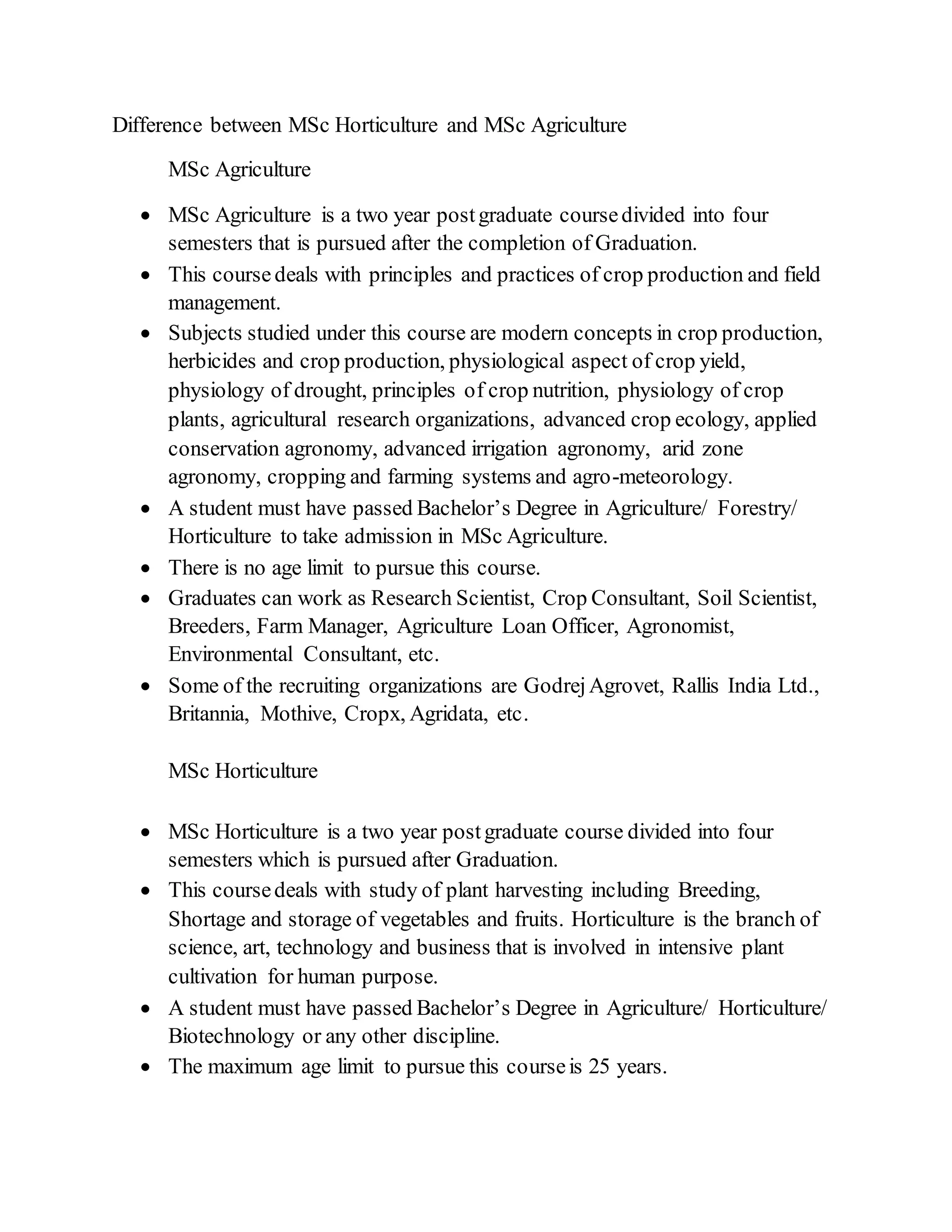 Difference between m sc horticulture and msc agriculture | DOCX