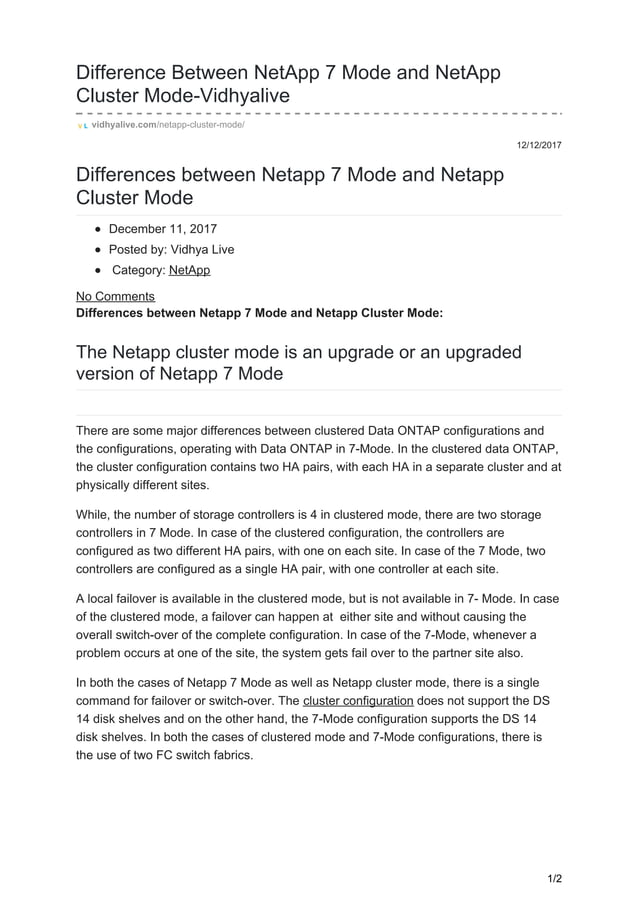 Difference Between Net App 7 Mode And Netapp Cluster Mode Pdf Computing Technology And Computing