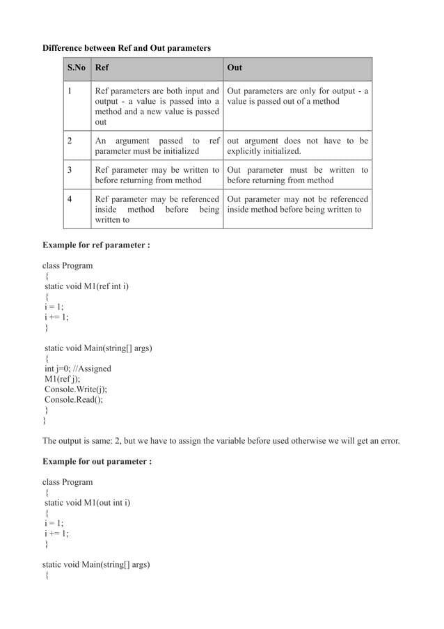 Difference between ref and out parameters | PDF