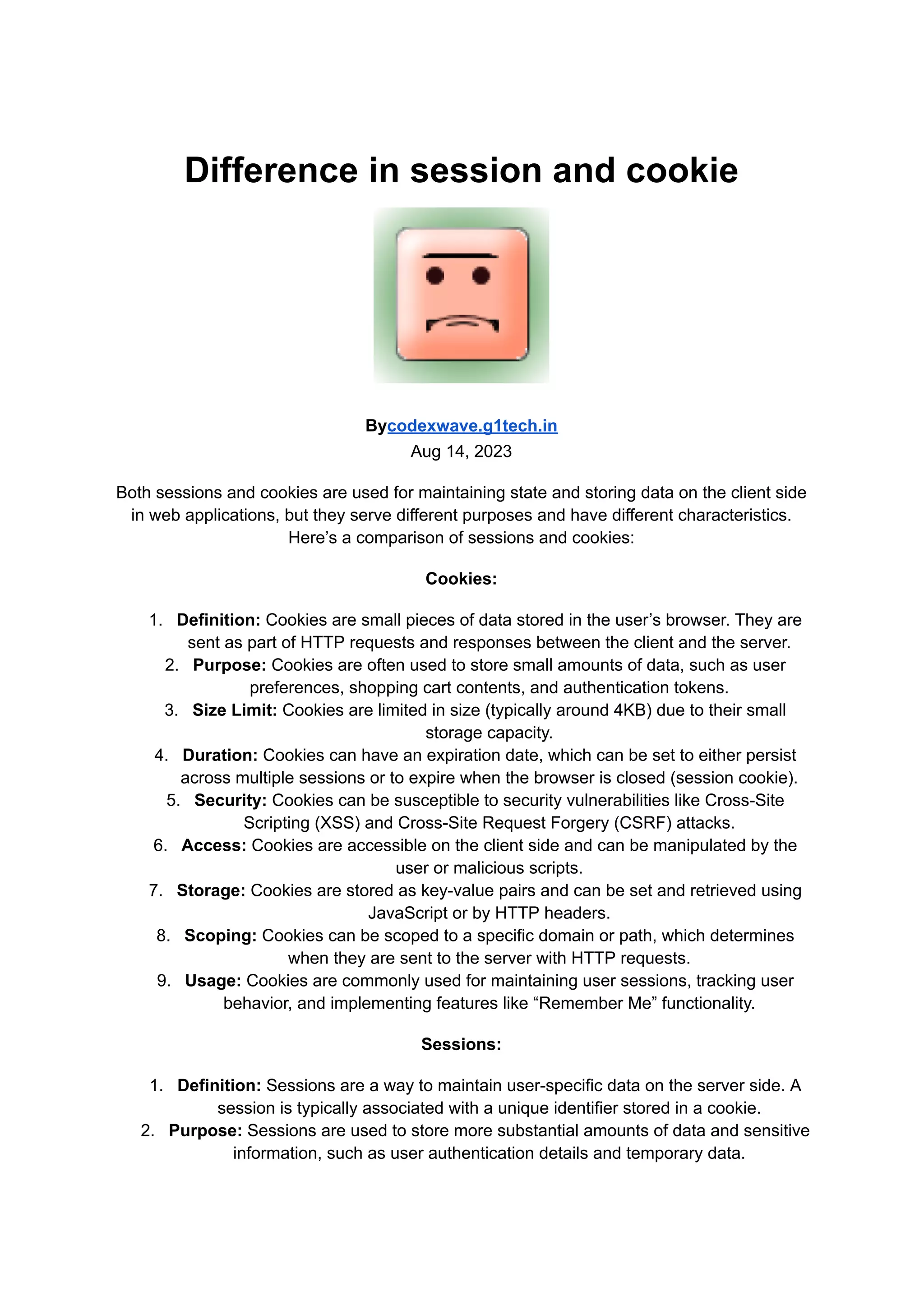 Difference in session and cookie.pdf | Web Development | Internet