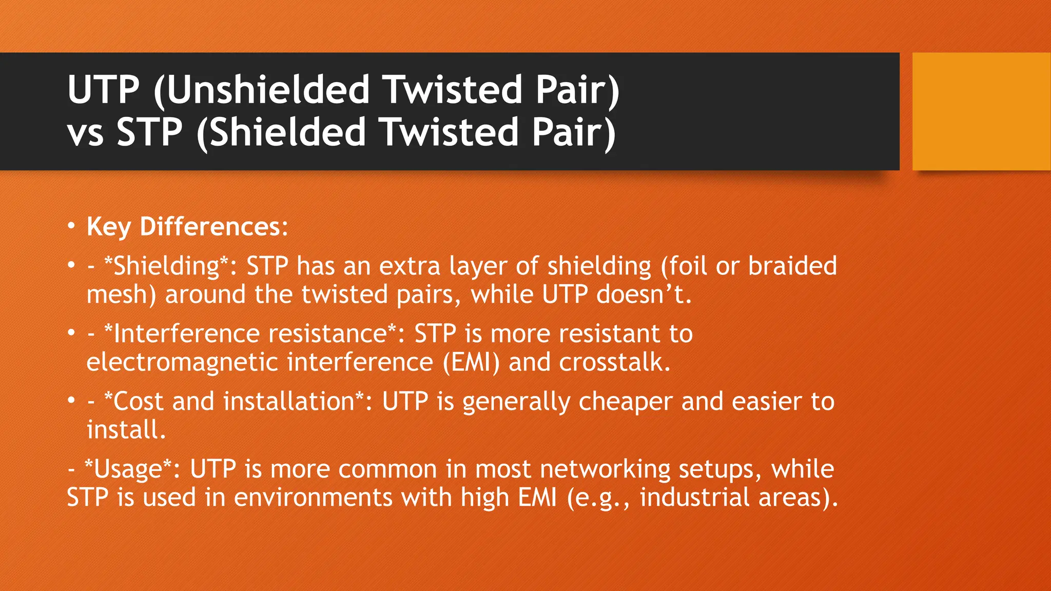 Differences in UTP cable and STP cable , Coaxial vs Fiber Optic | PPTX