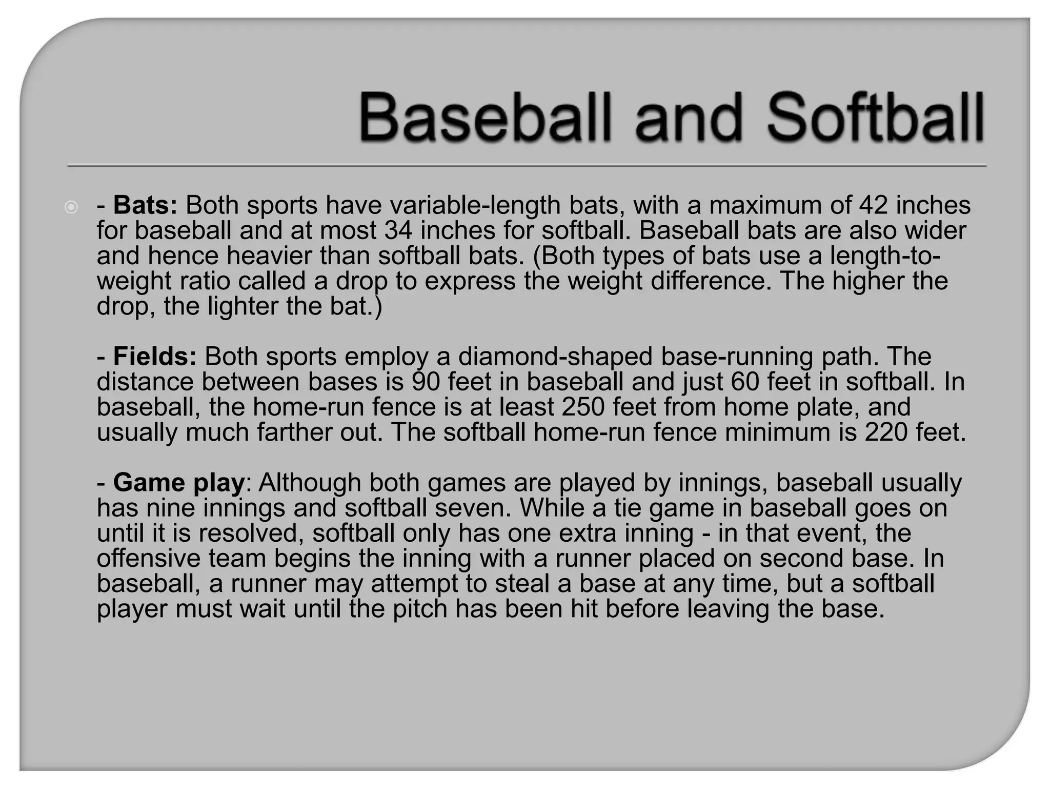 Differences Between Baseball and Softball | PPTX