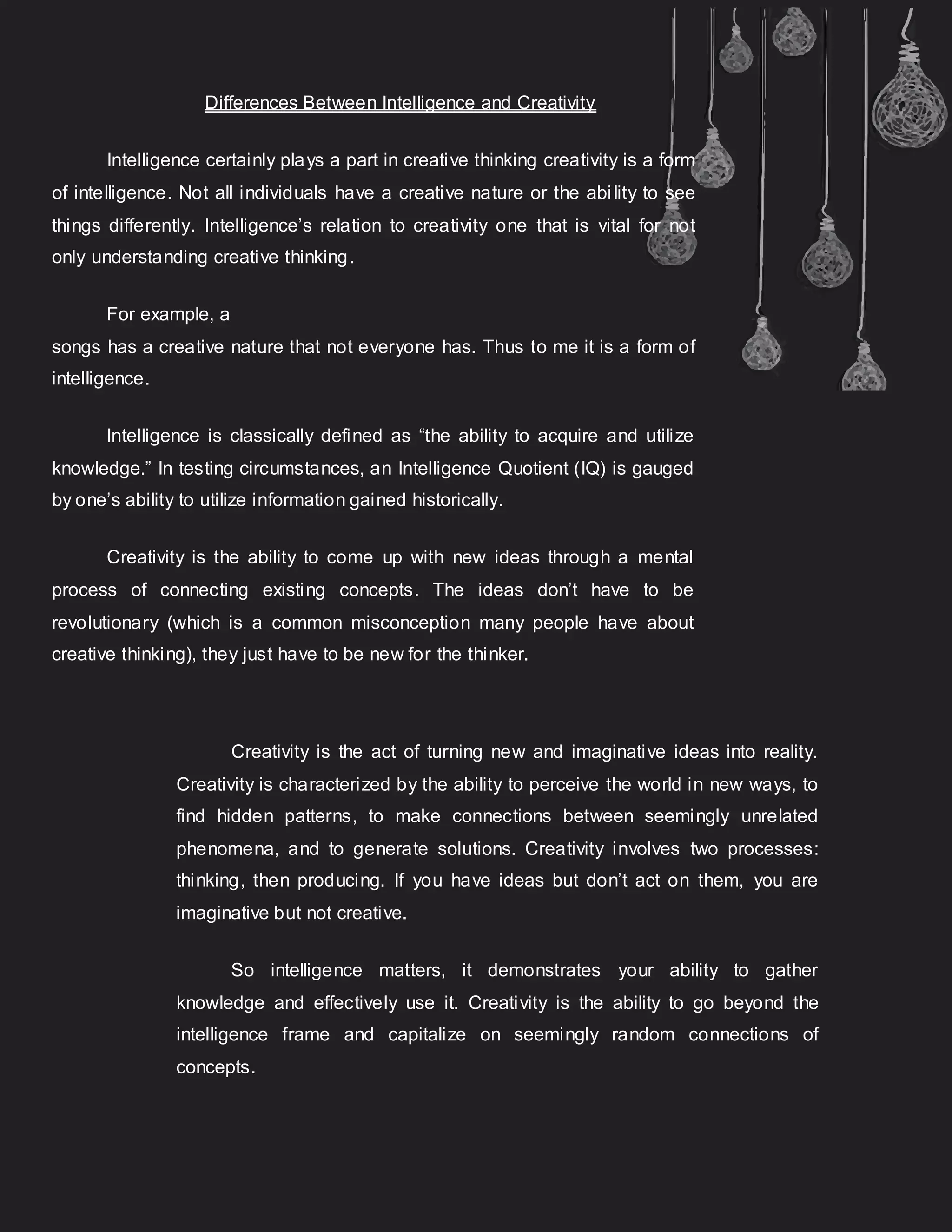 Differences between Intelligence and Creativity English IV | PDF