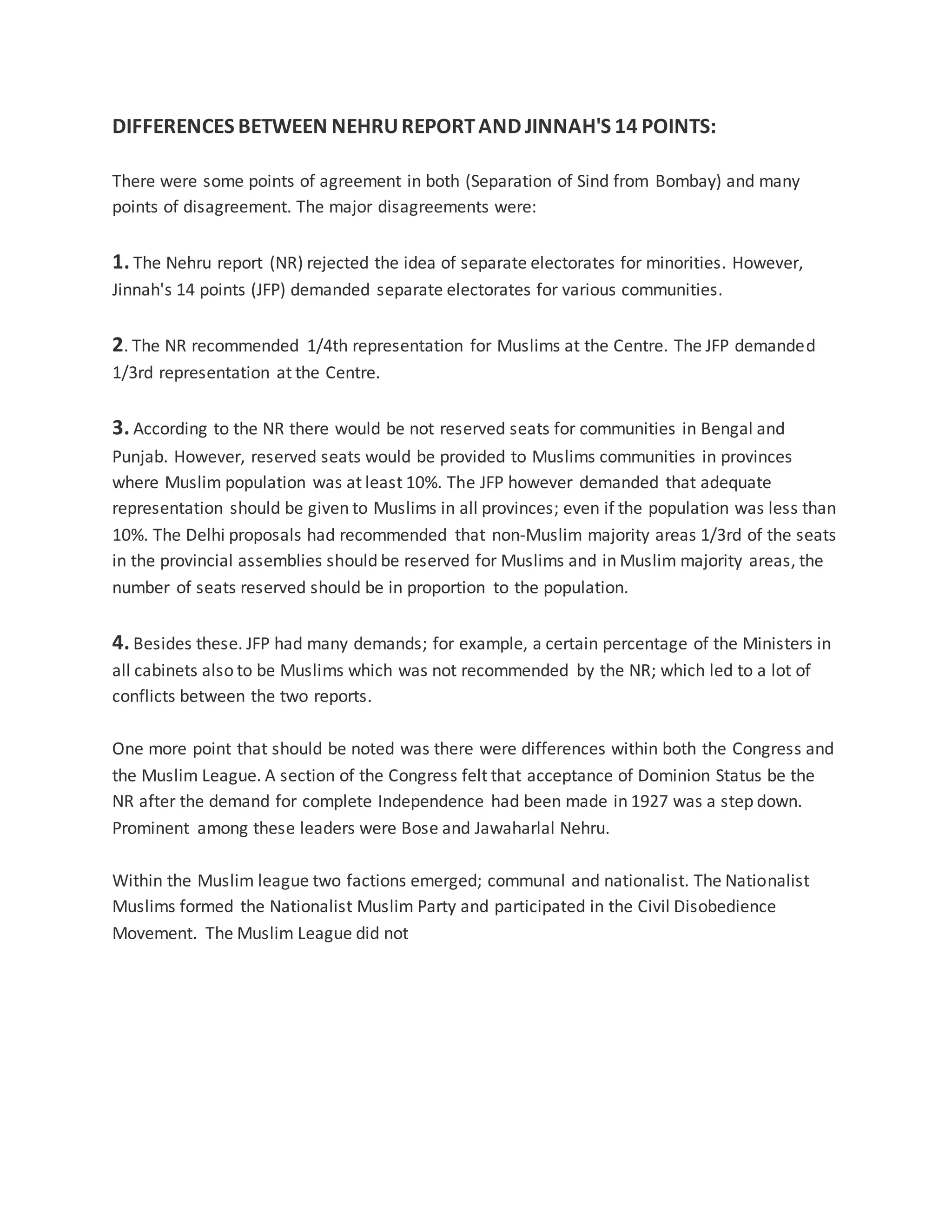 Differences between nehru report and jinnah | DOCX
