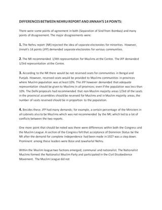 Differences between nehru report and jinnah | DOCX