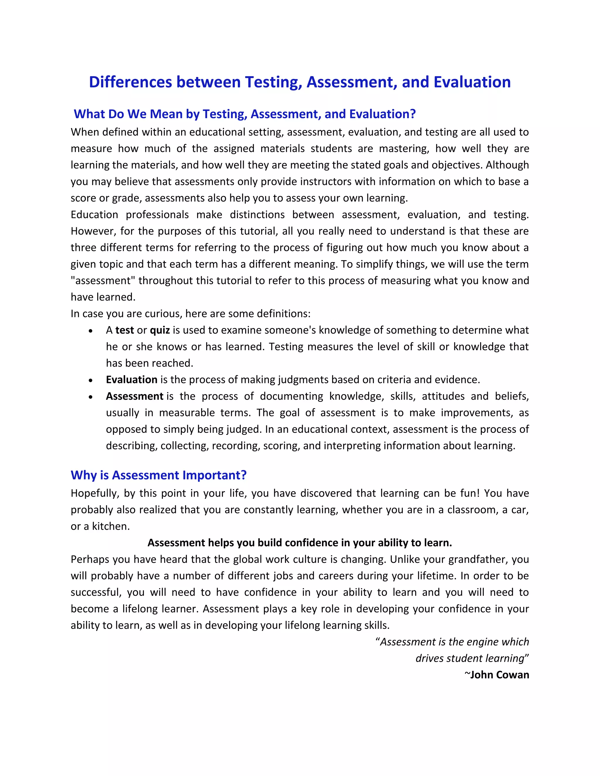 Differences between testing and assessments | PDF Differences between testing and assessments | PDF