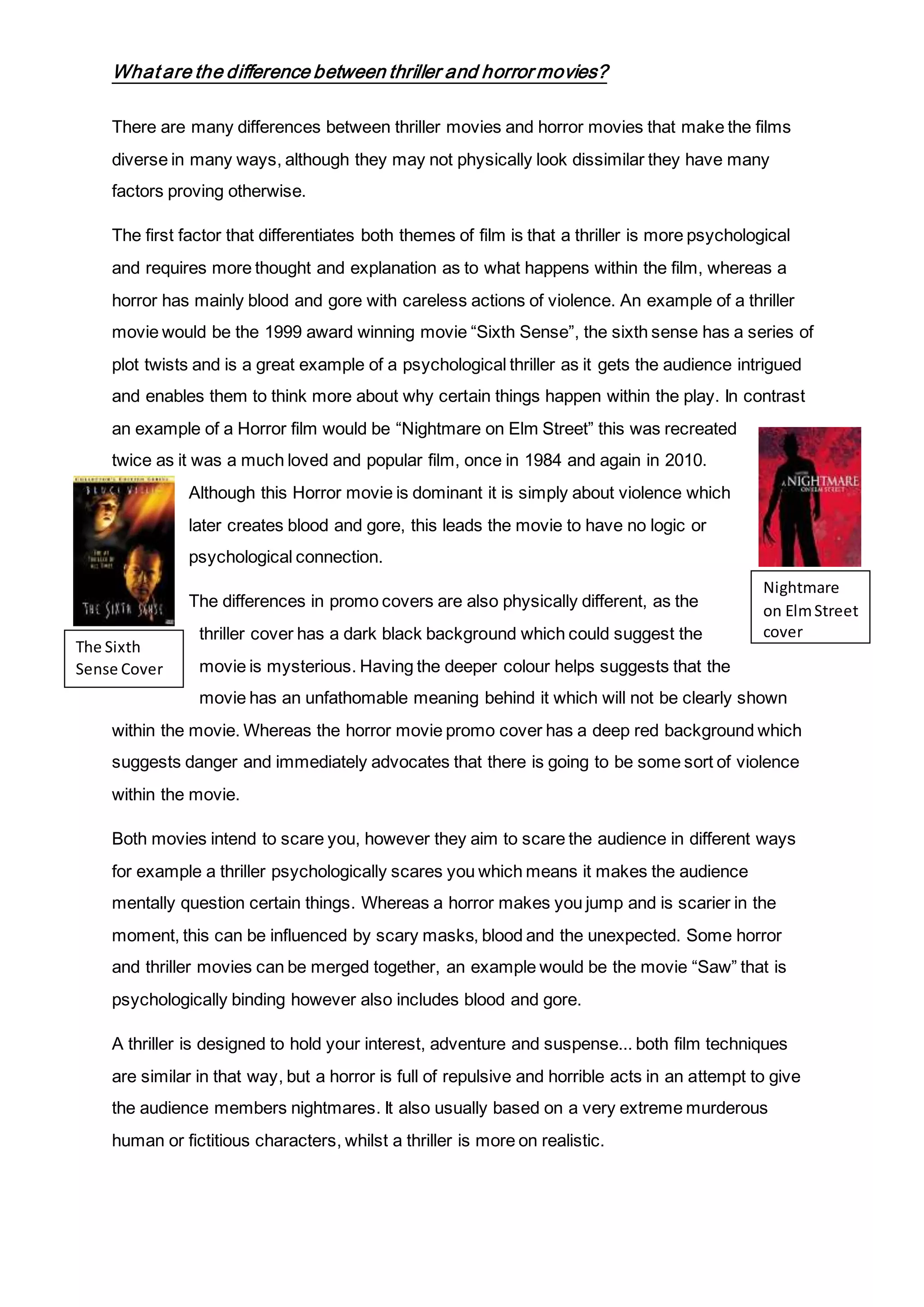 Differences between thriller movies & horror movies | DOCX