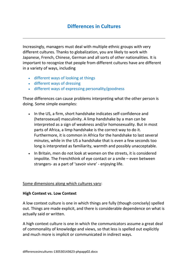 Differences in cultures | PDF
