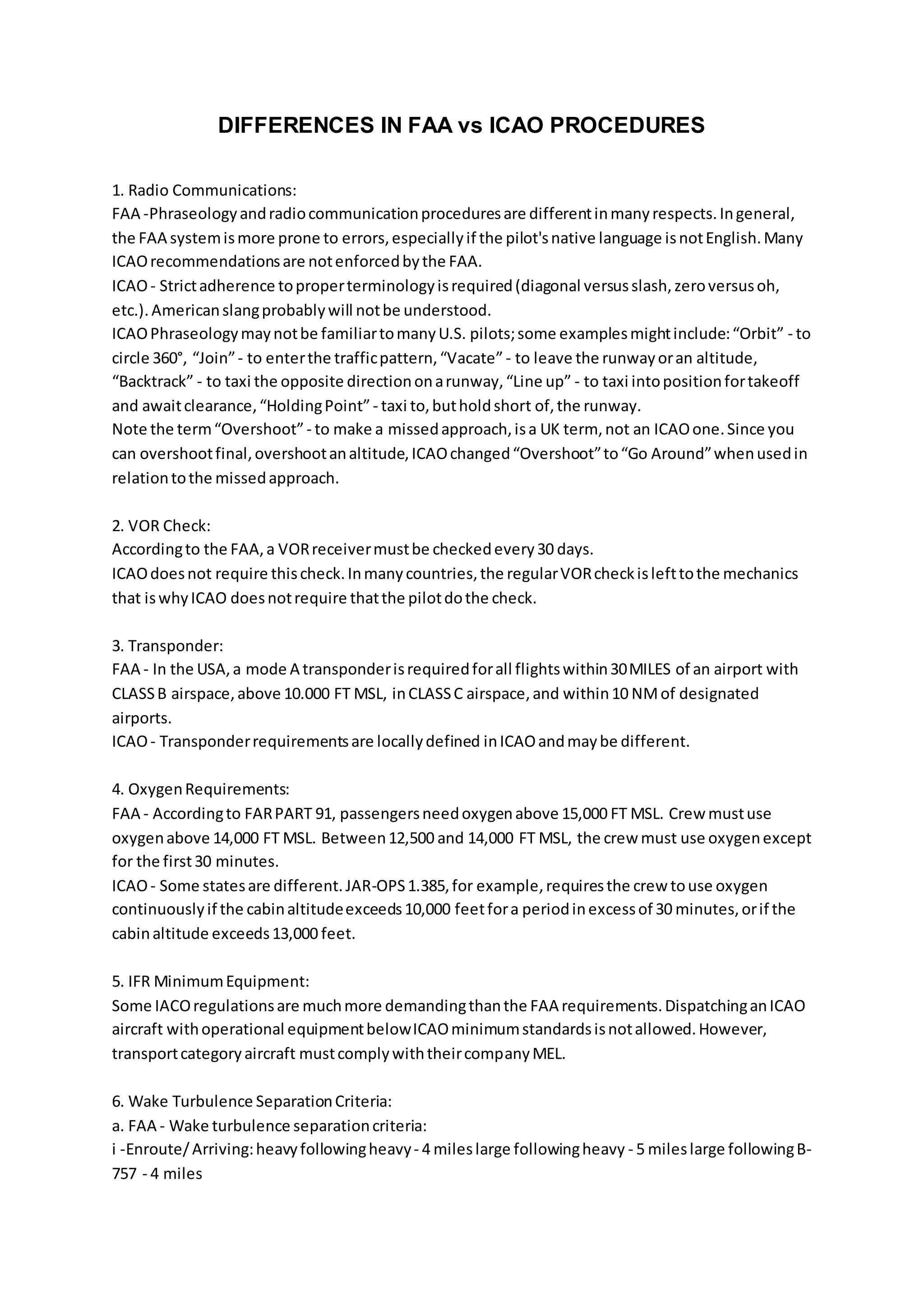 Differences in faa vs icao procedures | DOCX