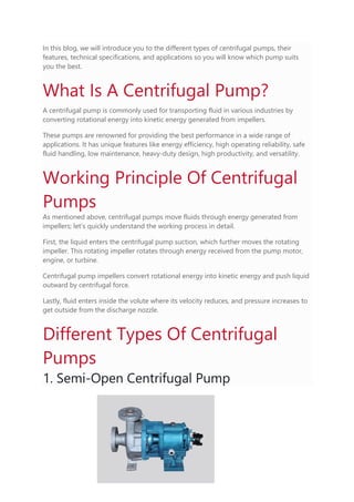 Different Centrifugal Pump Types and Their Applications | PDF