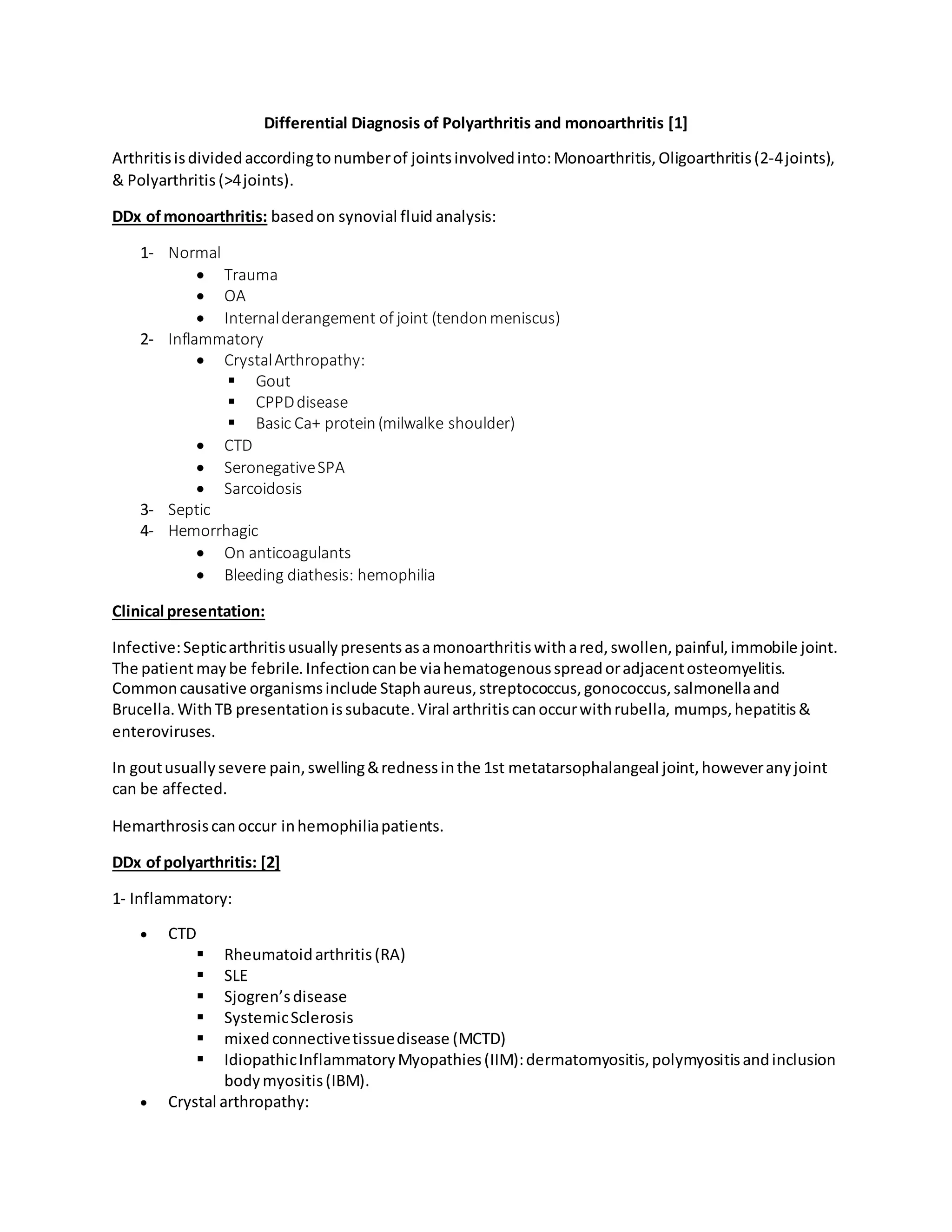 Differential diagnosis of polyarthritis and monoarthritis | DOCX