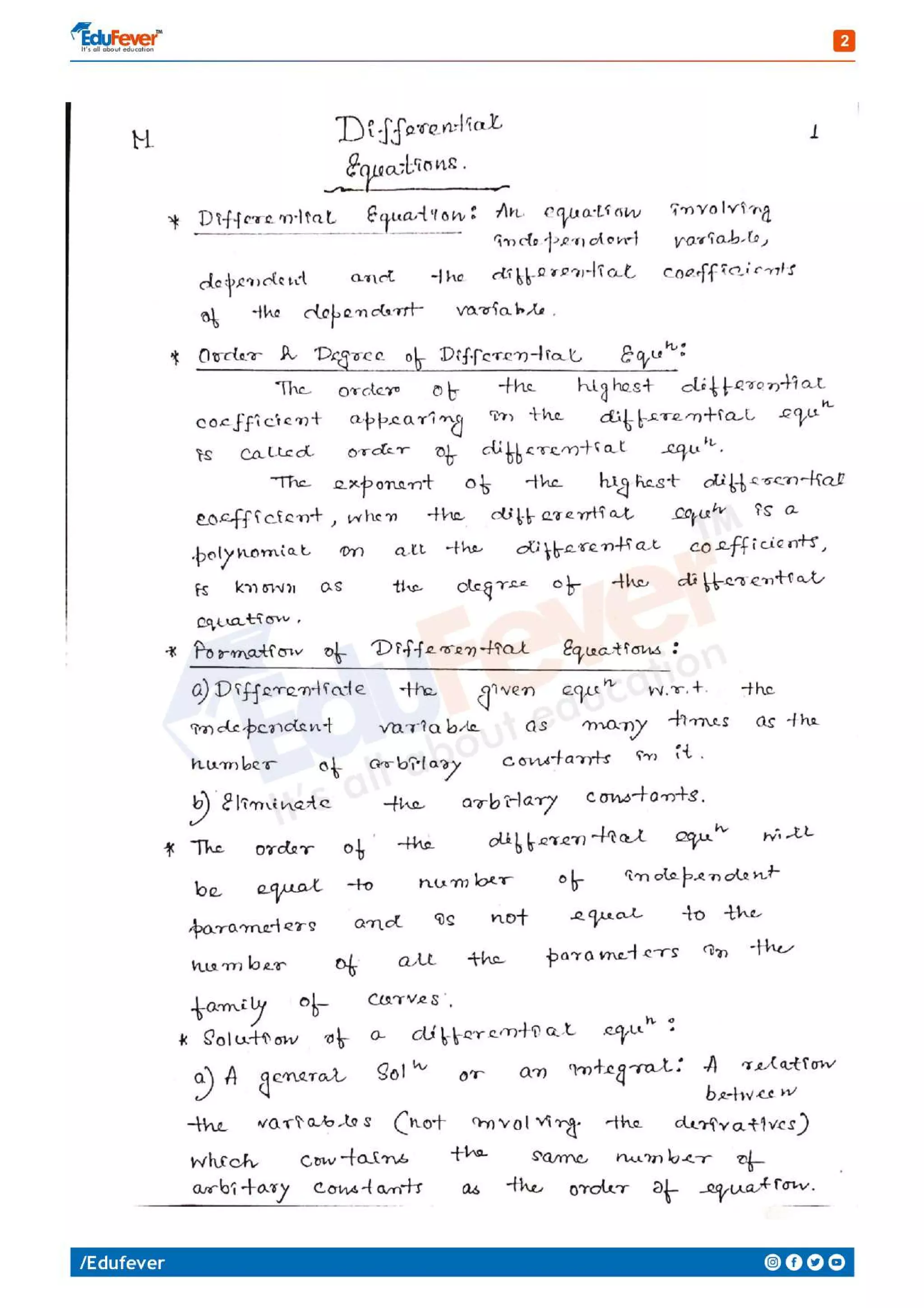 Differential Equations - Mathematics Handwritten Notes | PDF