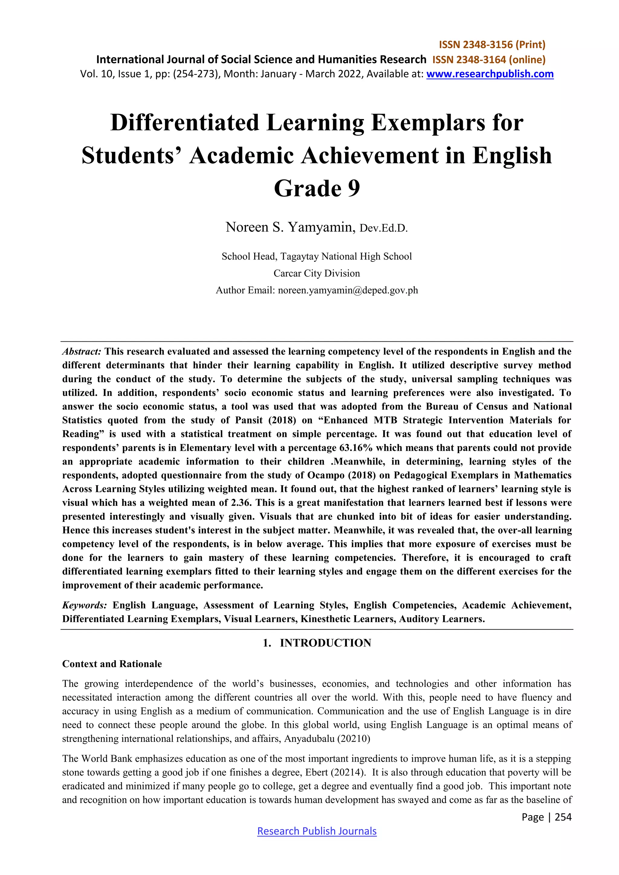 Differentiated Learning Exemplars for Students’ Academic Achievement in ...