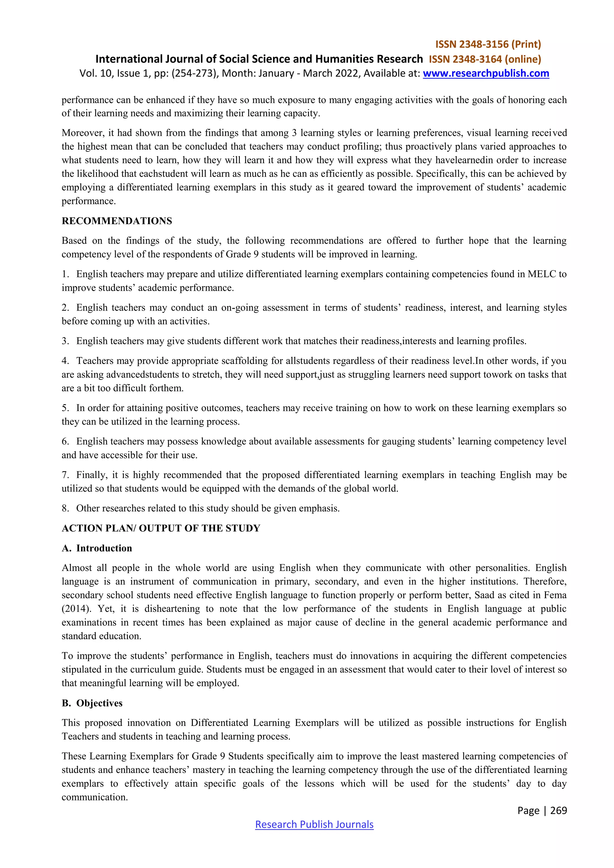 Differentiated Learning Exemplars for Students’ Academic Achievement in English Grade 9 | PDF