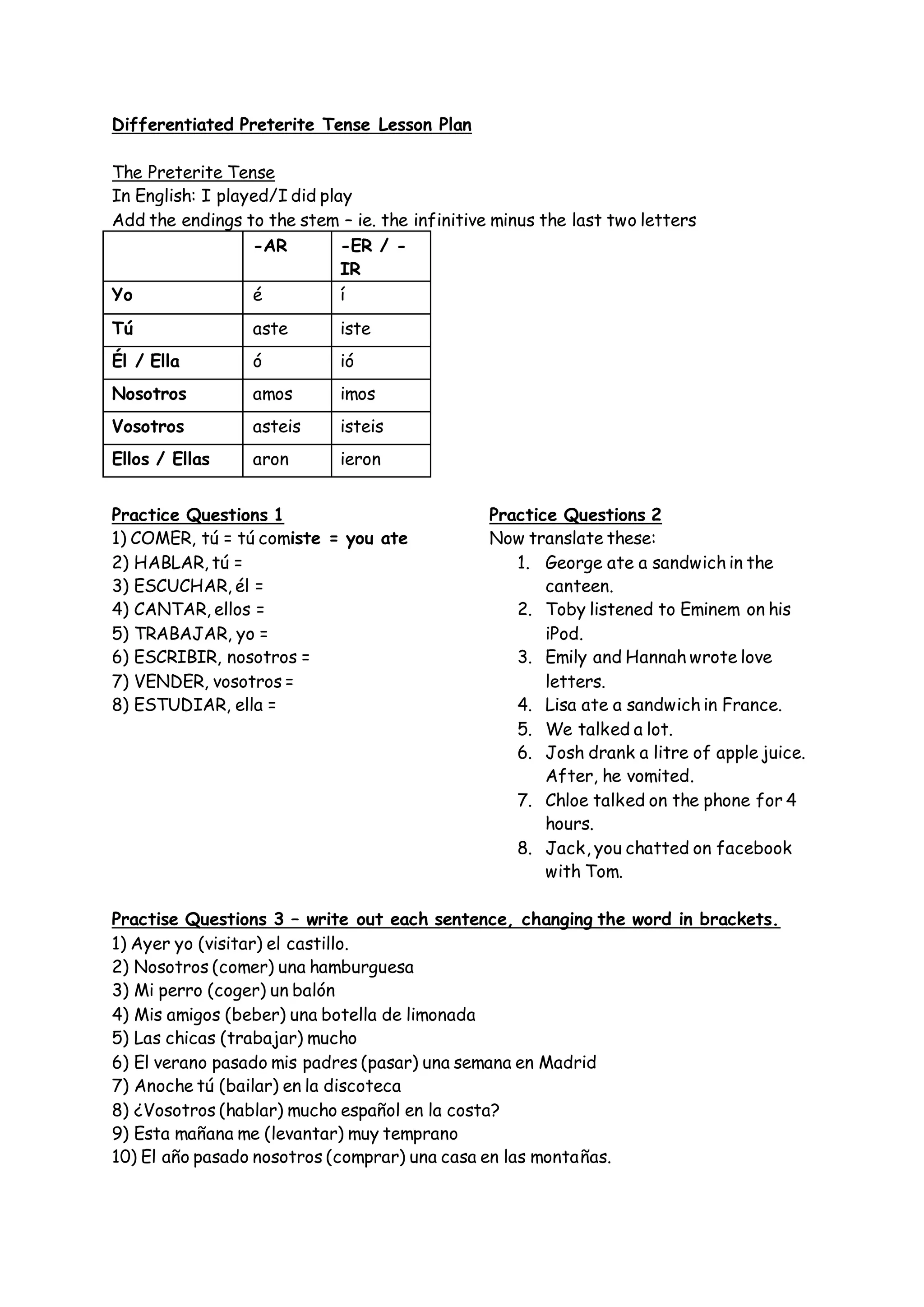 Differentiated preterite tense lesson holidays | DOCX