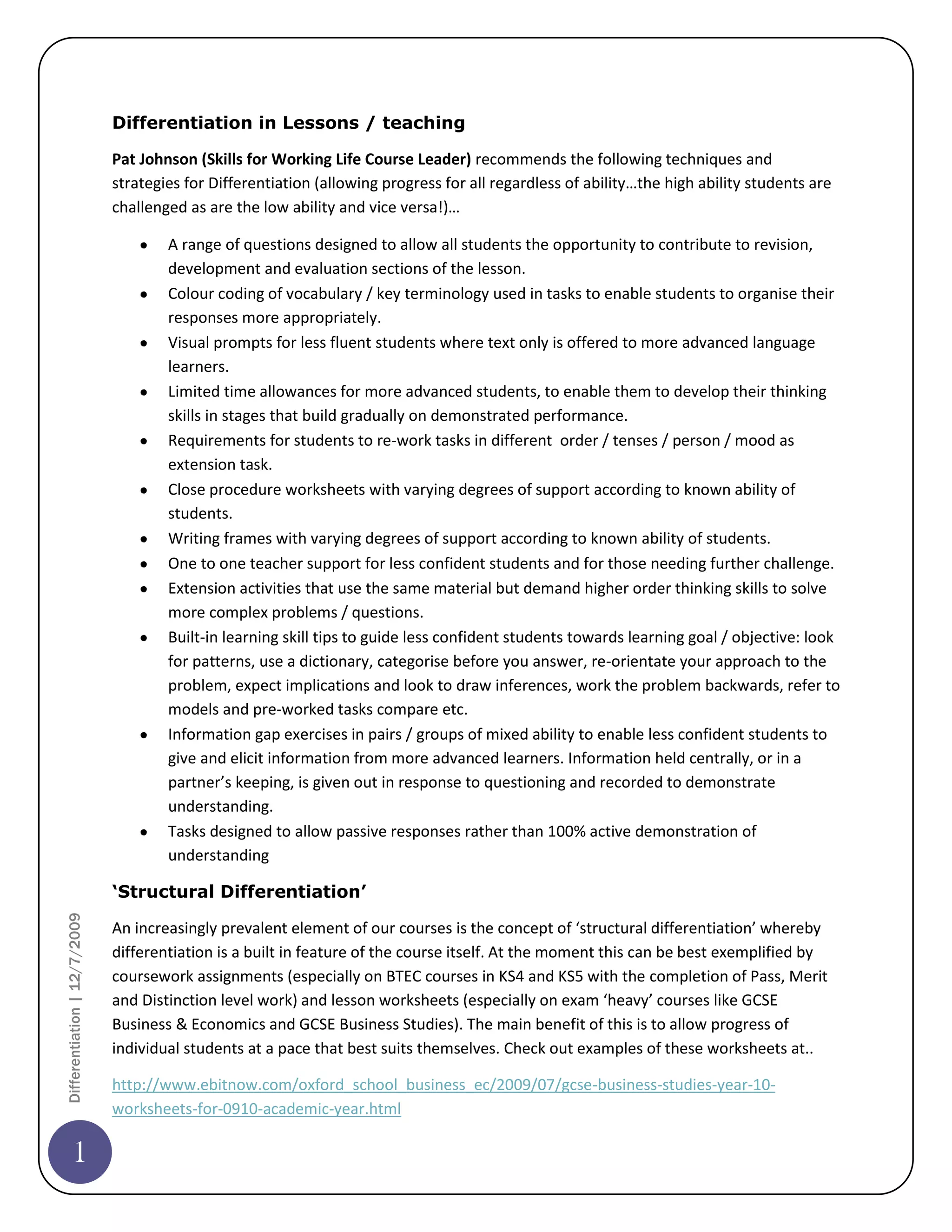 Differentiation | DOCX | Homework and Study | Education