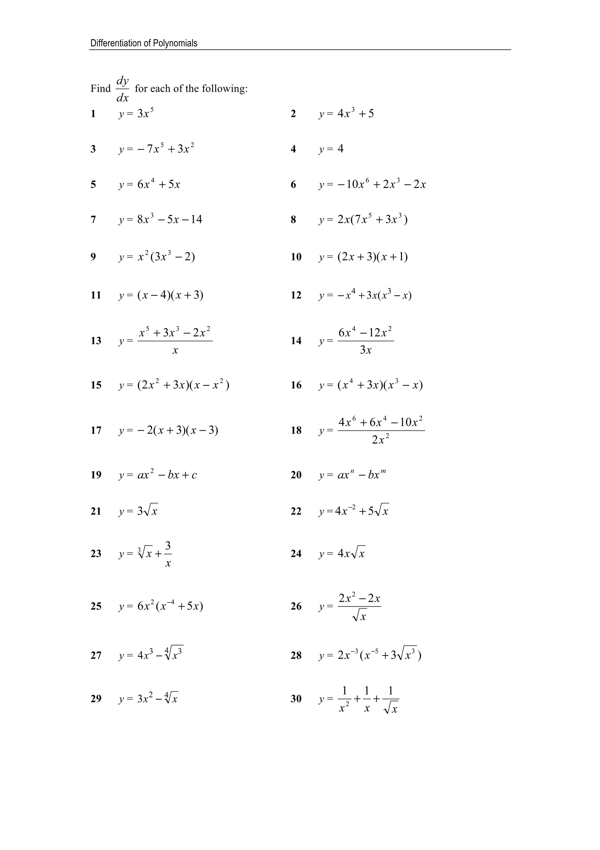 Differentiation of Polynomials Questions | PDF