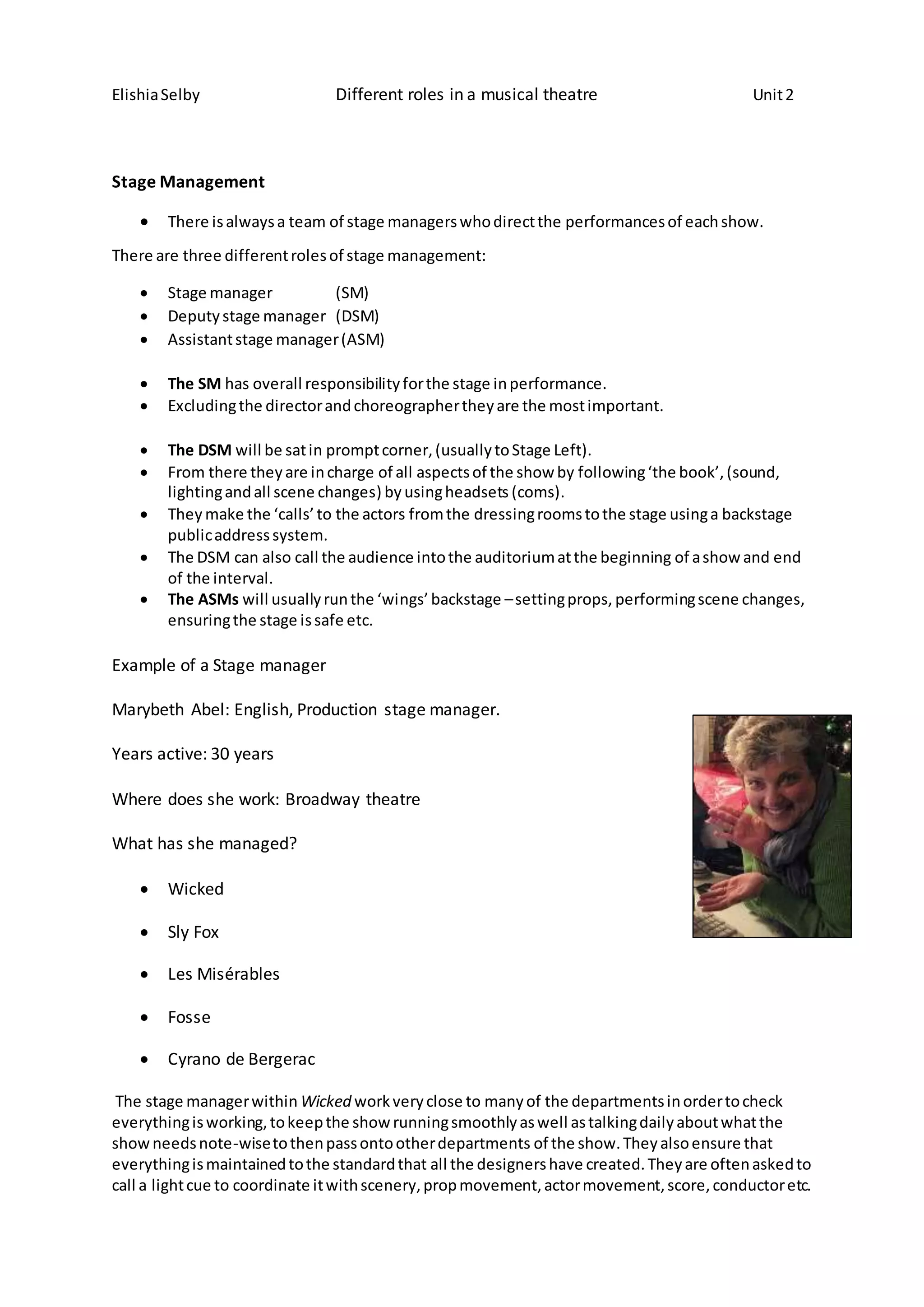 Different roles in a musical theatre | DOCX
