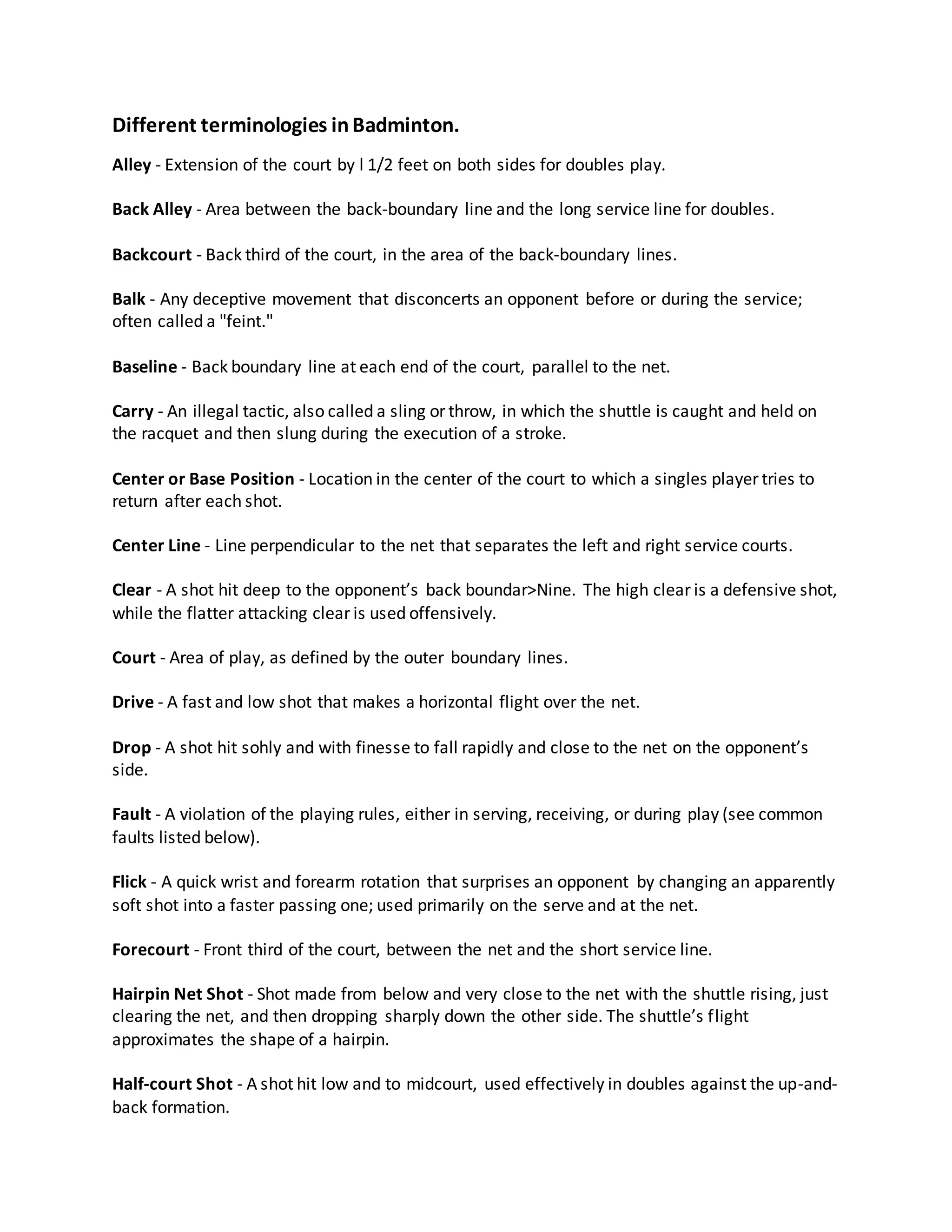 Different terminologies in badminton | DOCX