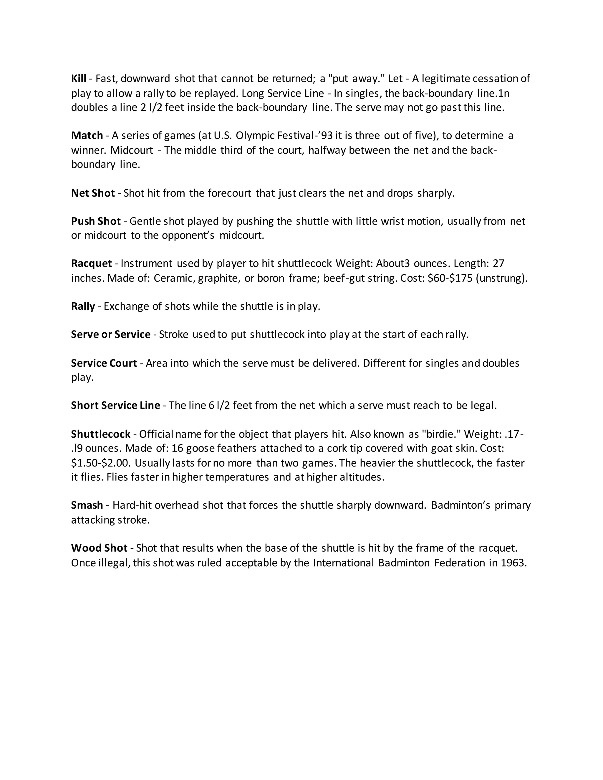 Different terminologies in badminton | DOCX Different terminologies in badminton | DOCX