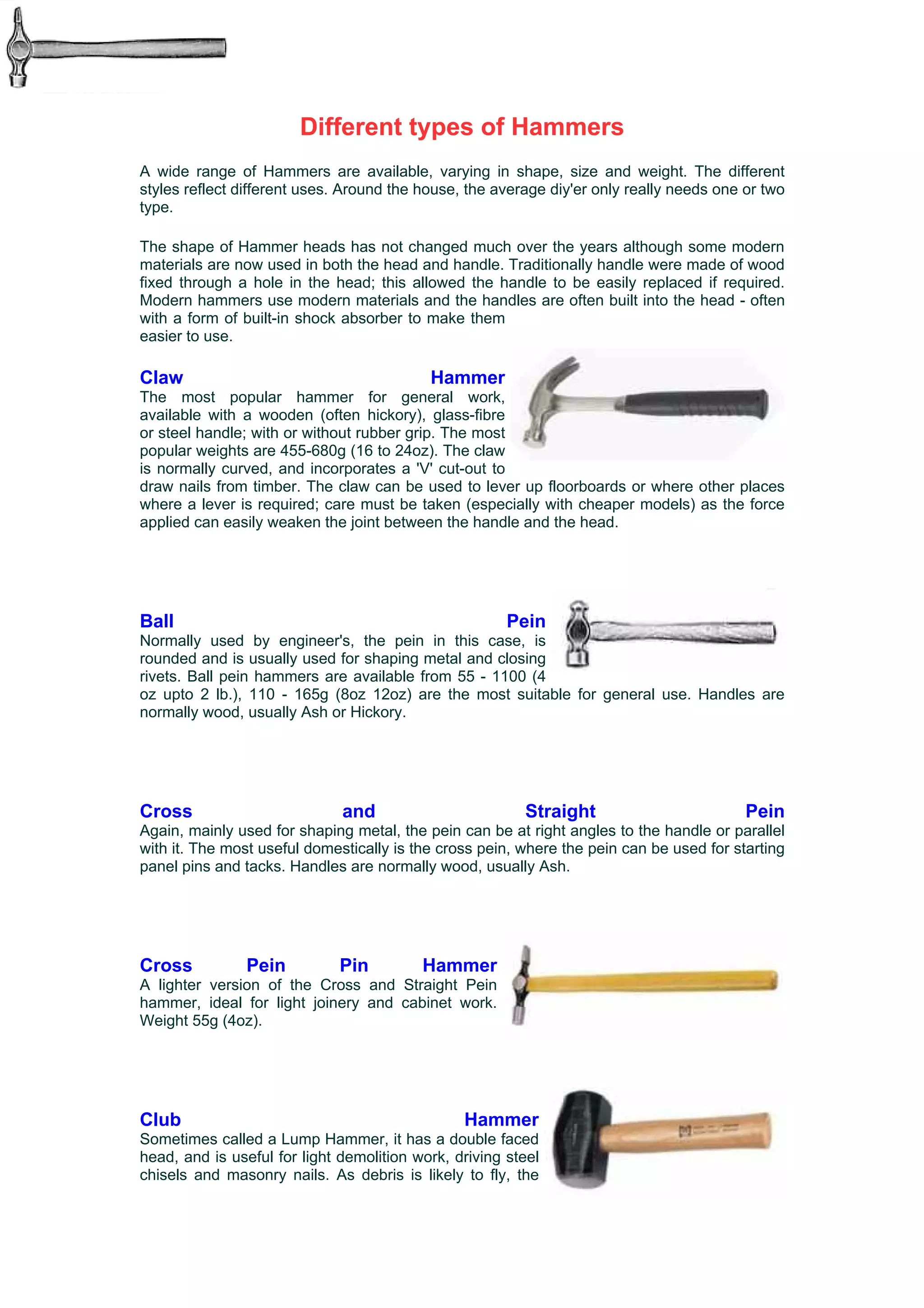 Different types of hammers | PDF | Woodworking | Arts and Crafts