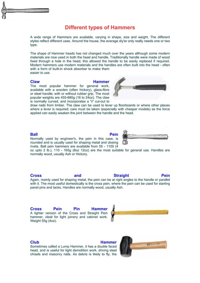 Different types of hammers | PDF | Woodworking | Arts and Crafts