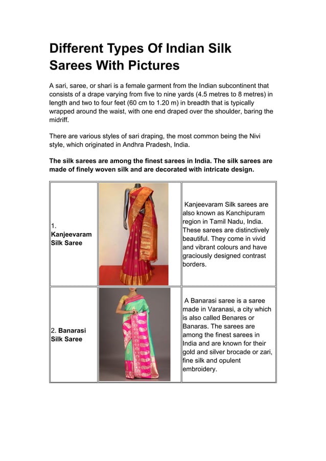 Different Types Of Indian Silk Sarees With Pictures | PDF