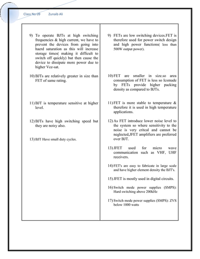Differnce bw bjt & fet | DOCX | Physics | Science